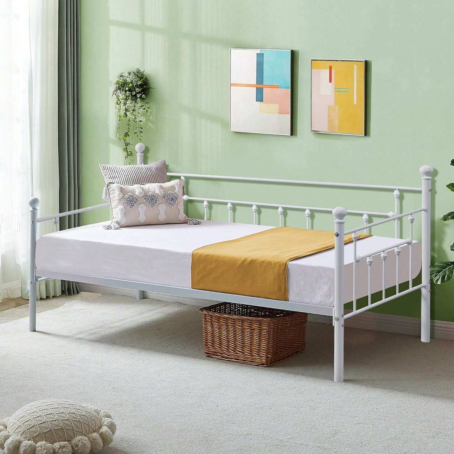 Twin Size Daybed Frame Metal Steel Slat Support With Headboard Sofa Bed ...
