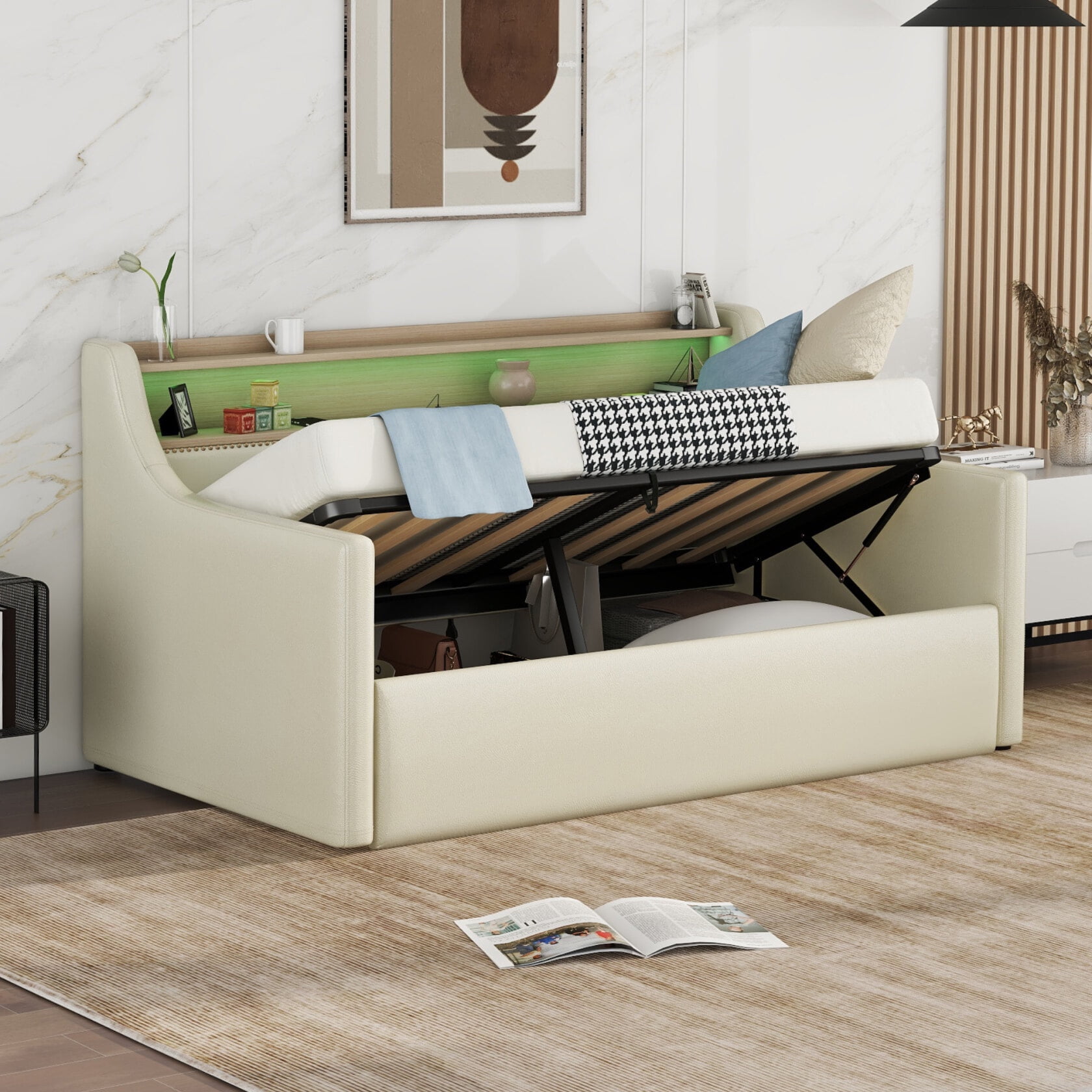 Twin Size Daybed with Hydraulic Storage System, PU Leather Upholstered ...