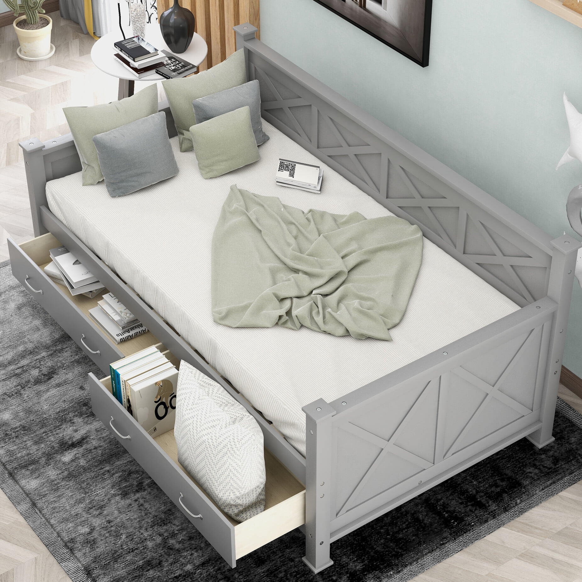 Twin Size Daybed, Modern Wood Low Platform Bed Frame with 2 Drawers ...