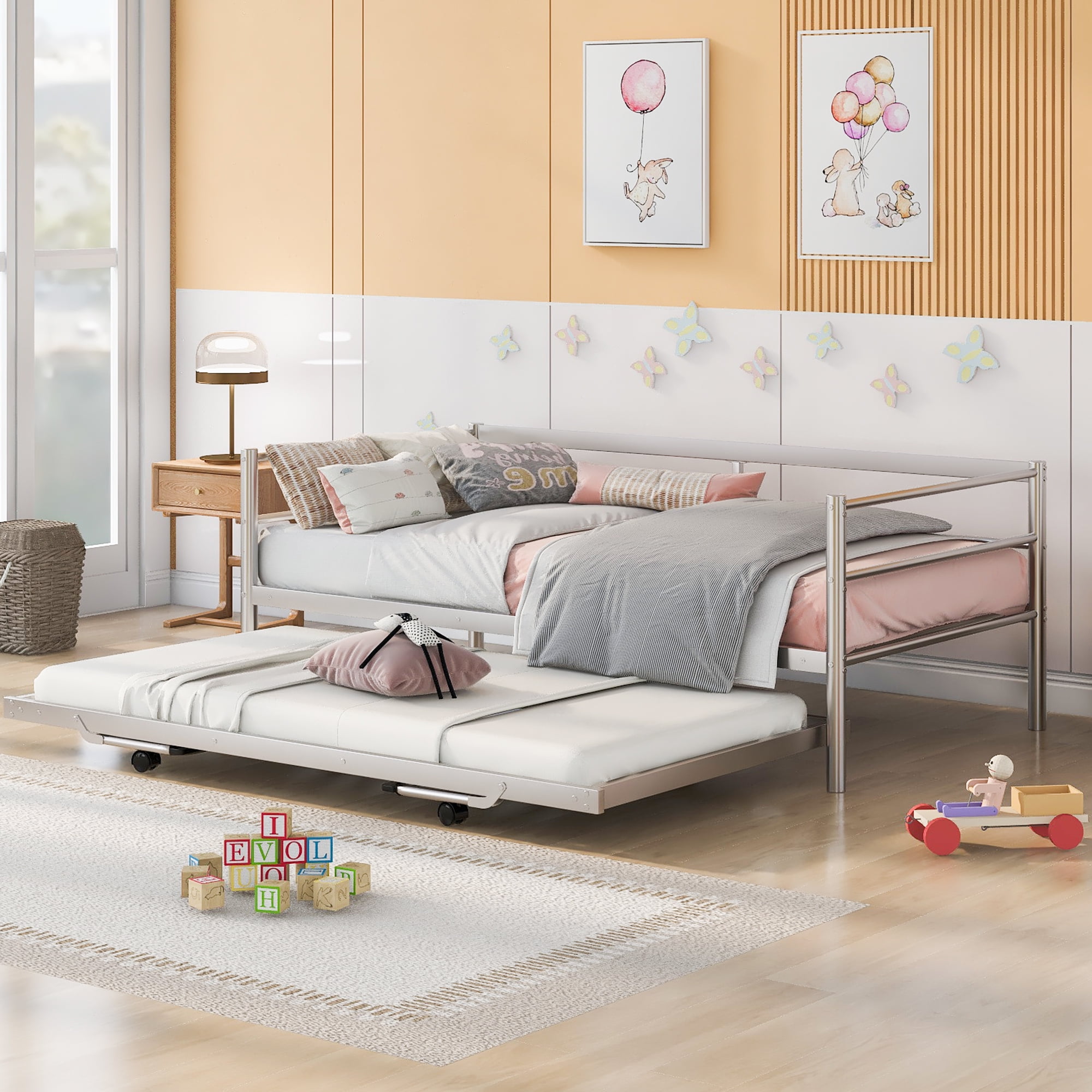 Twin Size Daybed with Pop Up Trundle, Bed Frame with Braces Safety ...