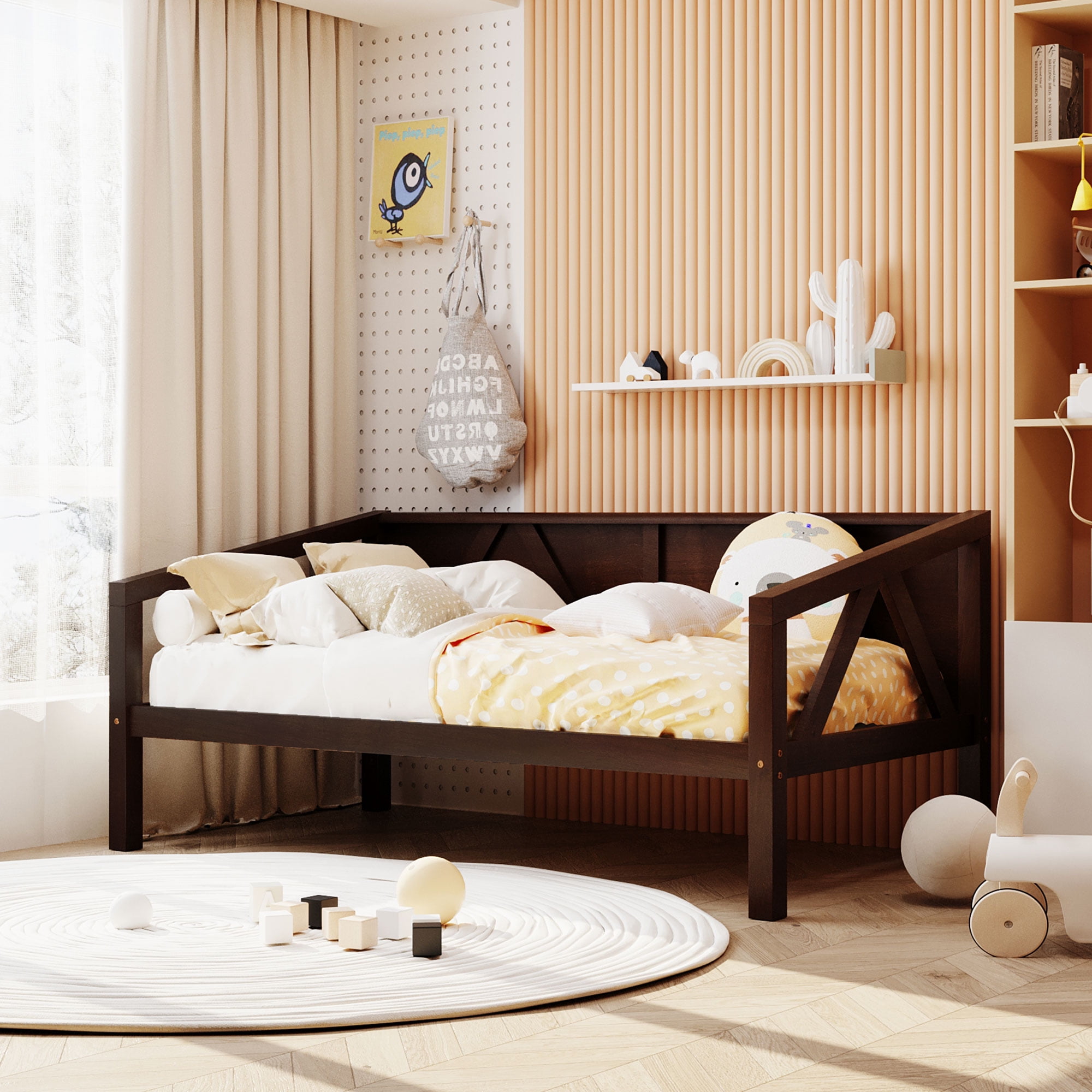 Twin Size Daybed, Solid Wood Daybed Frame with Triangle-Shaped Armrest ...