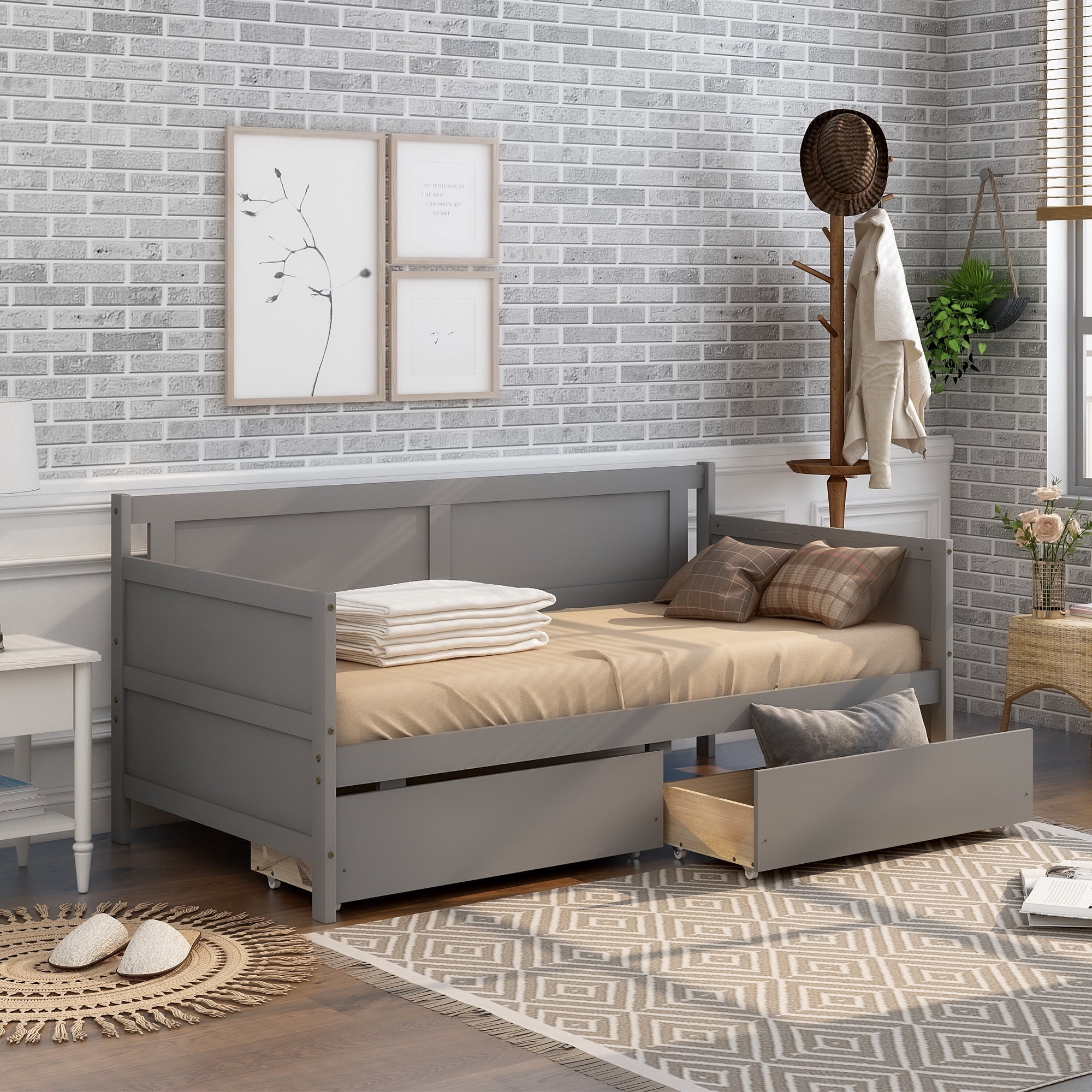 Twin Size Daybed, Solid Wood Platform Bed Frame with 2 Storage Drawers ...