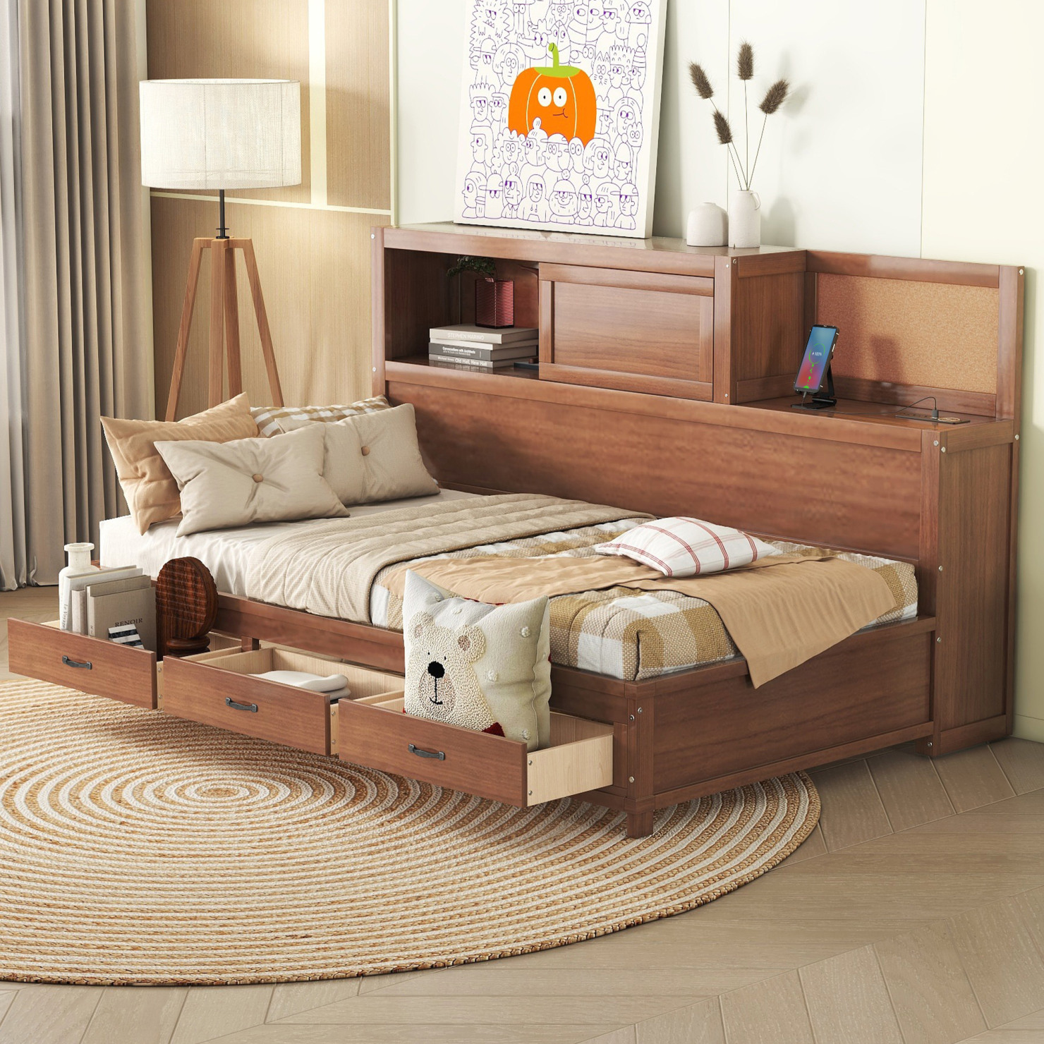 Twin Size Daybed with Storage Cabinet and 3 Storage Drawers, Solid Wood ...
