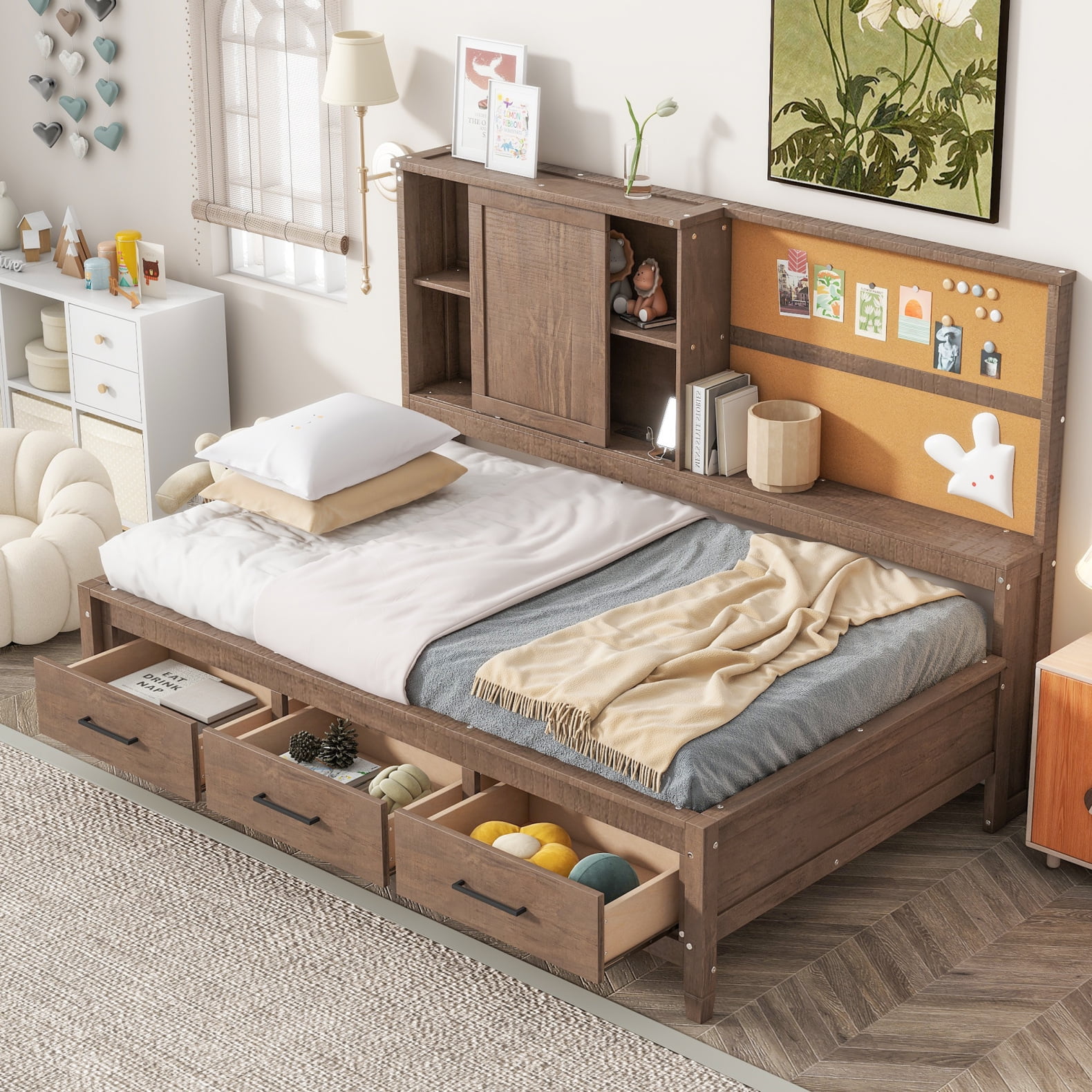 Twin Size Daybed with Storage Wood Day Bed Frame with Shelves Headboard and 3 Drawers Wooden Sofa Bed for Living Room Bedroom No Box Spring Need
