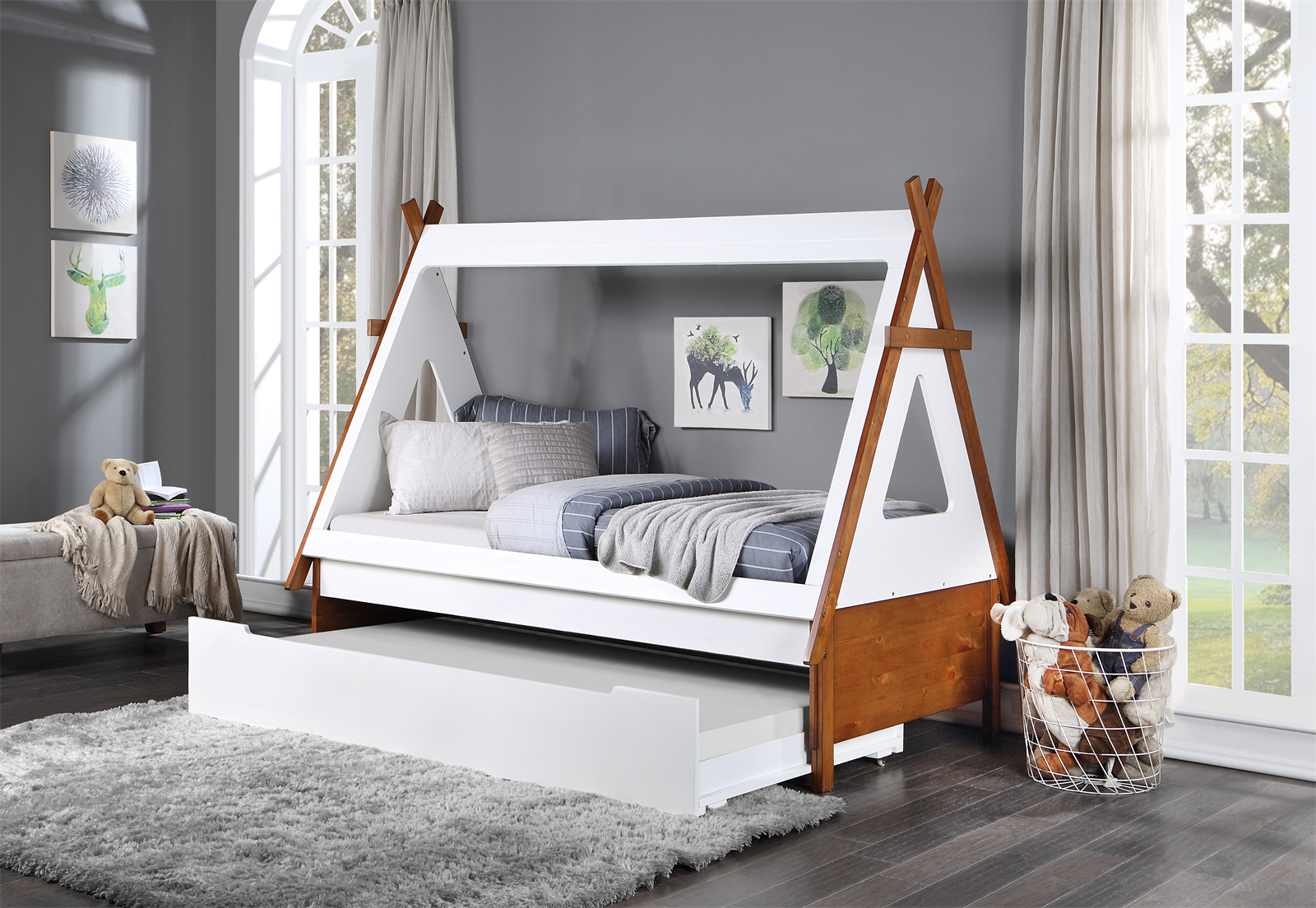 Twin Size Daybed, Triangle Platform Bed Frame with Trundle Bed and Roof ...