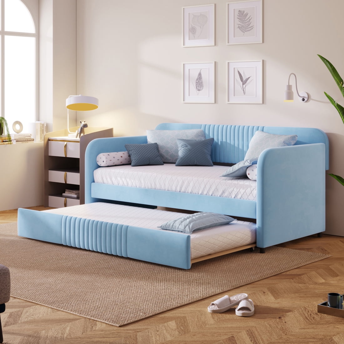 Twin Size Daybed with Trundle, Comfy Velvet Upholstered Platform Bed ...