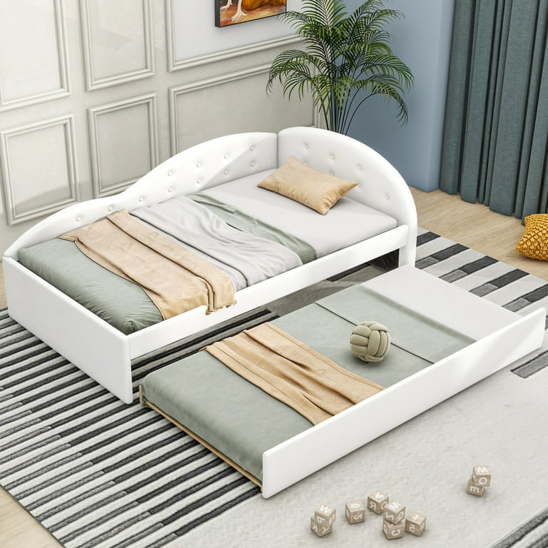 Twin Size Daybed with Trundle Faux Leather Upholstered Day Bed Frame Bottom Tufted Sofa Bed with Cloud Shaped Rails for Bedroom Living Room Guest