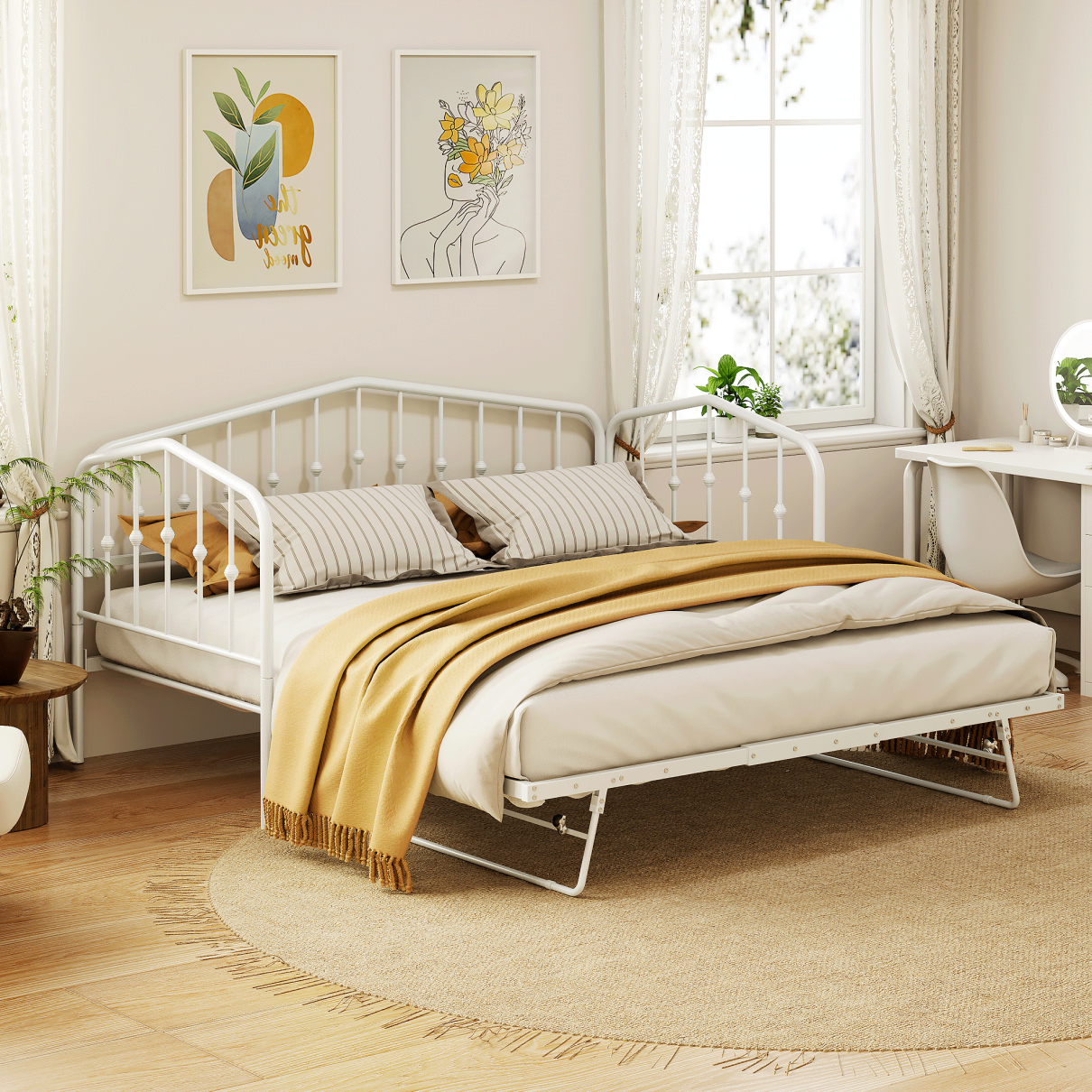 Twin Size Daybed with Trundle, Metal Sofa Bed with Pop Up Trundle ...