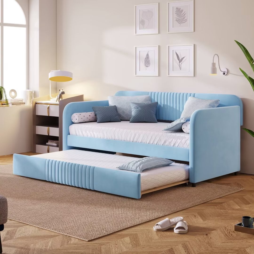 Twin Size Daybed for Adults with Trundle, Velvet Upholstery Sofa Bed ...