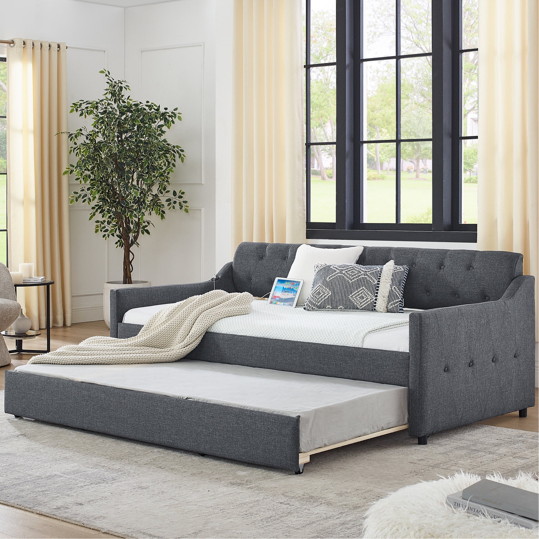 Twin Size Daybed with Trundle | Wave - shaped Arms for Chic Appearance ...