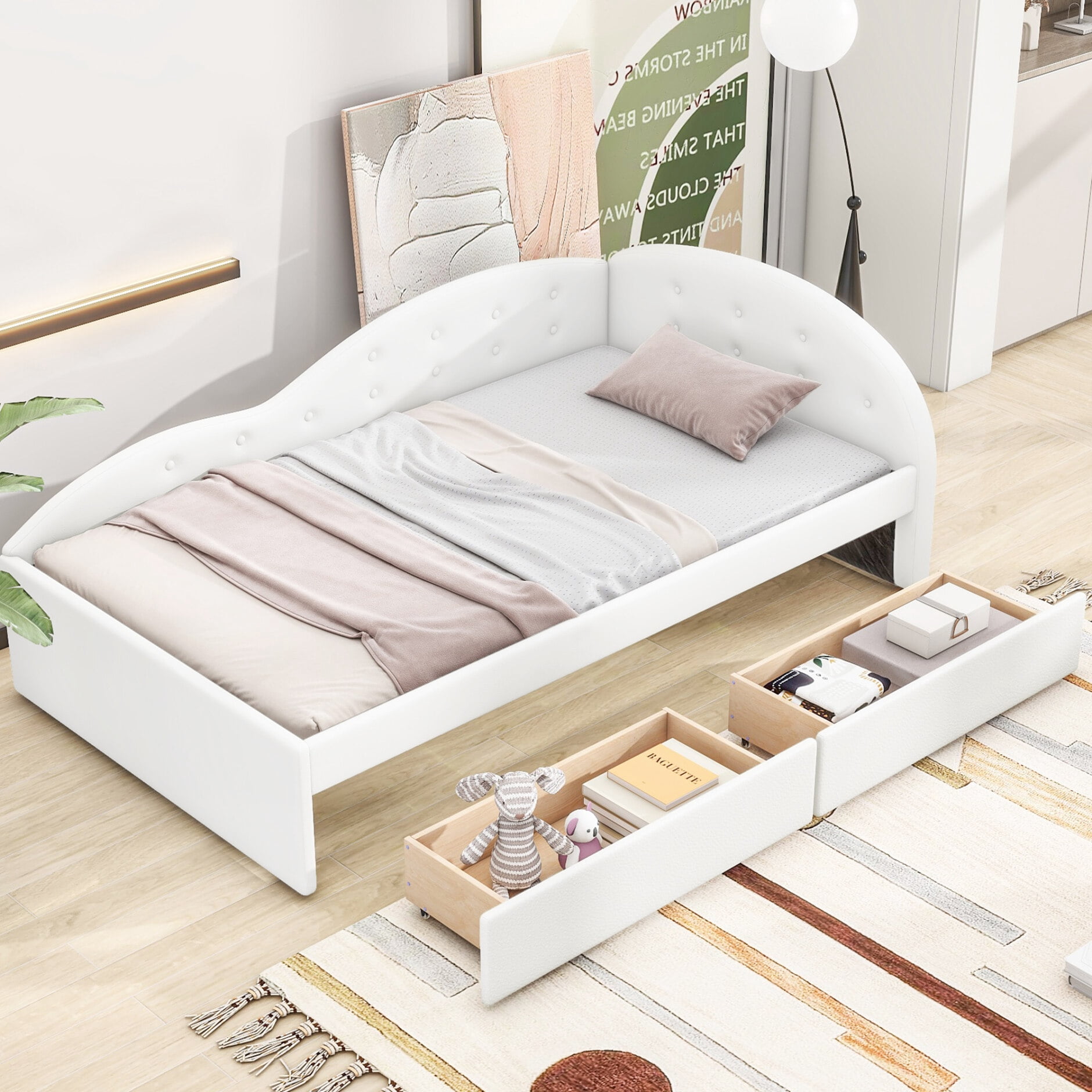 Twin Size Daybed with Two Storage Drawers and Cloud Shaped Guardrail ...
