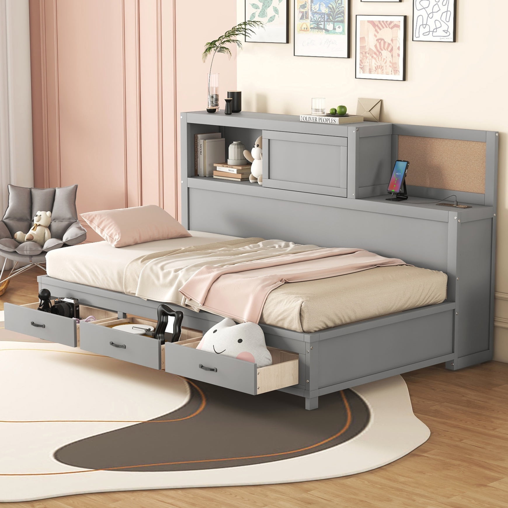 Twin Size Daybed, Wooden Daybed Frame with 3 Storage Drawers, Upper ...