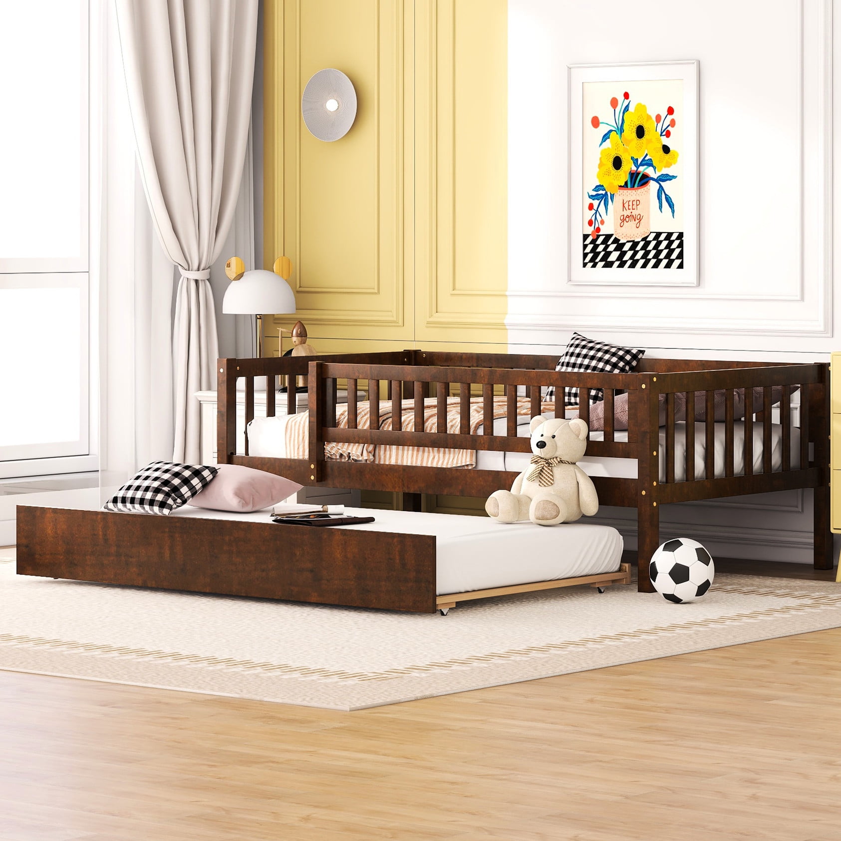 Twin Size Daybed in Walnut with Trundle and Fence Design / Safe Sleep ...