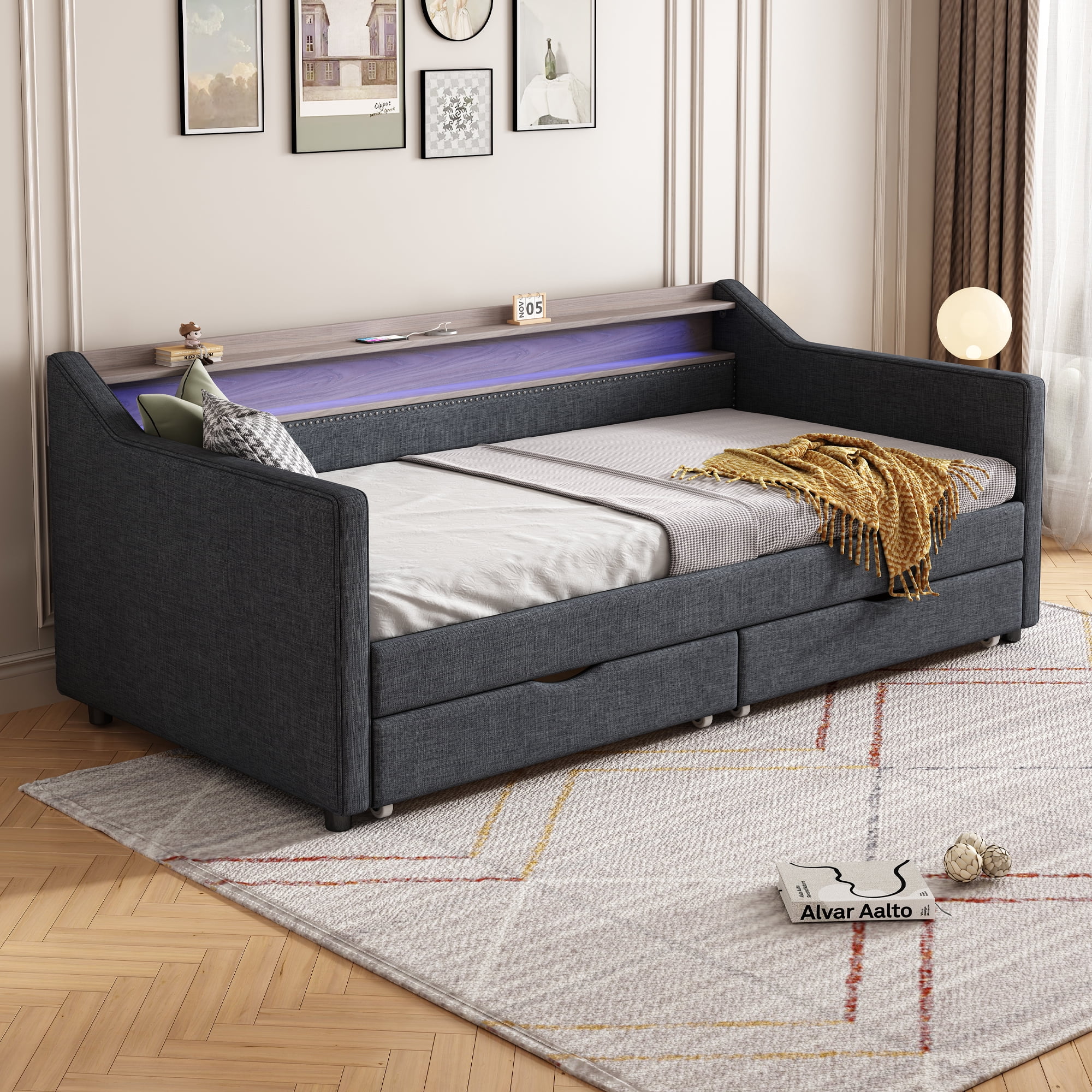 Twin Size Daybed with 2 Storage Drawers and 2-Tier Shelf & USB/Type-C ...