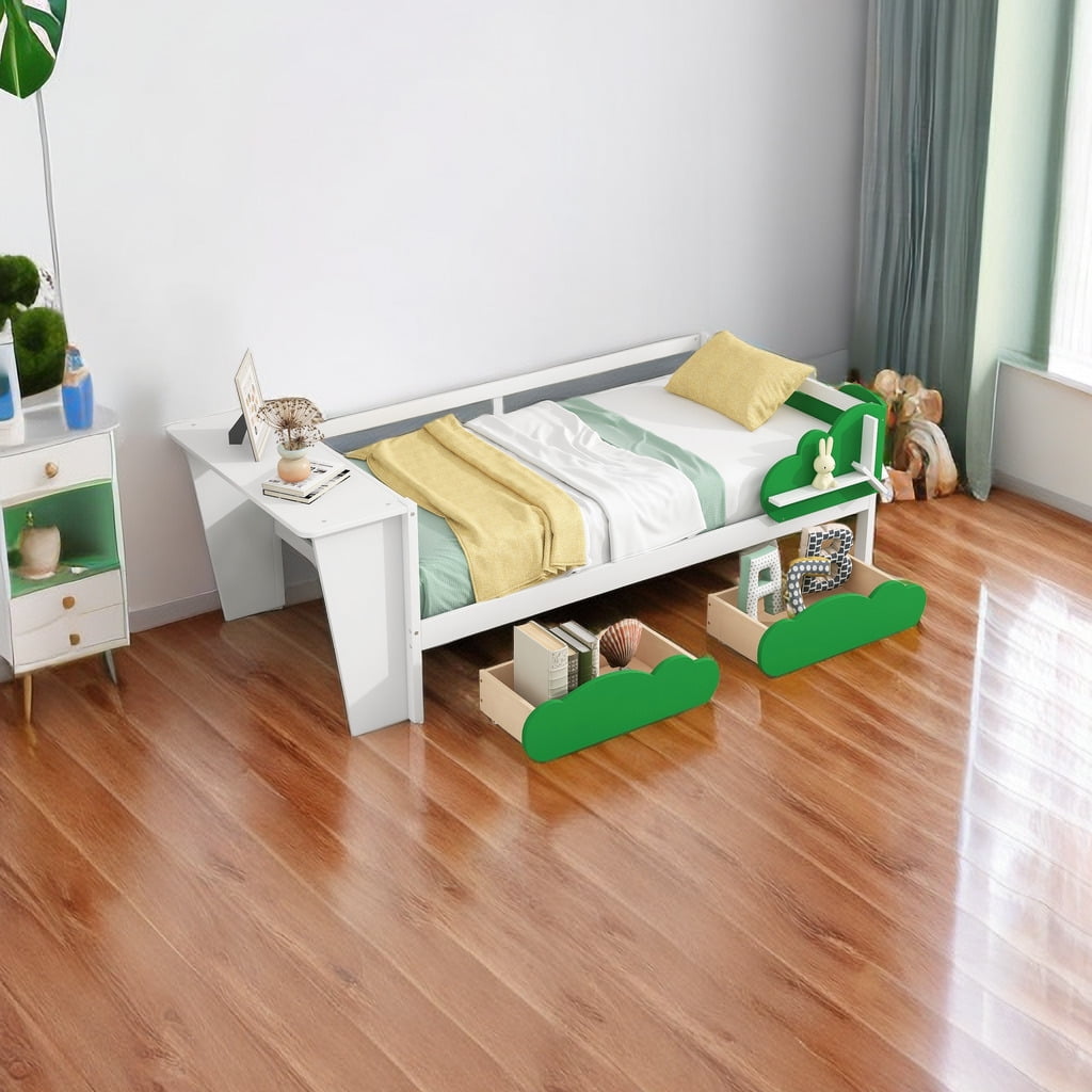 Twin Size Daybed with Desk, Green Leaf Shape Drawers and Shelves ...