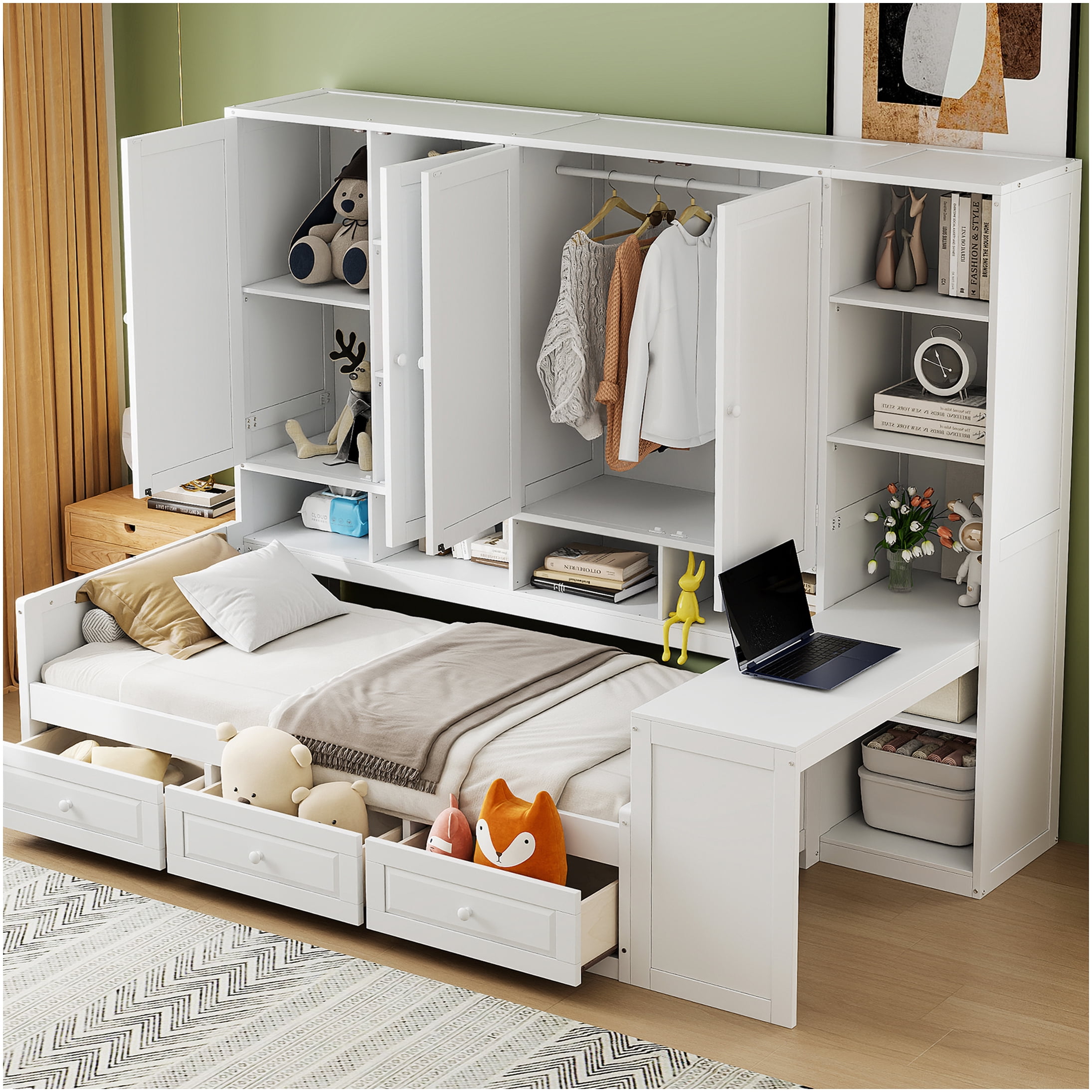 Twin Size Daybed with Desk and Storage, White Wood Loft Bed with ...