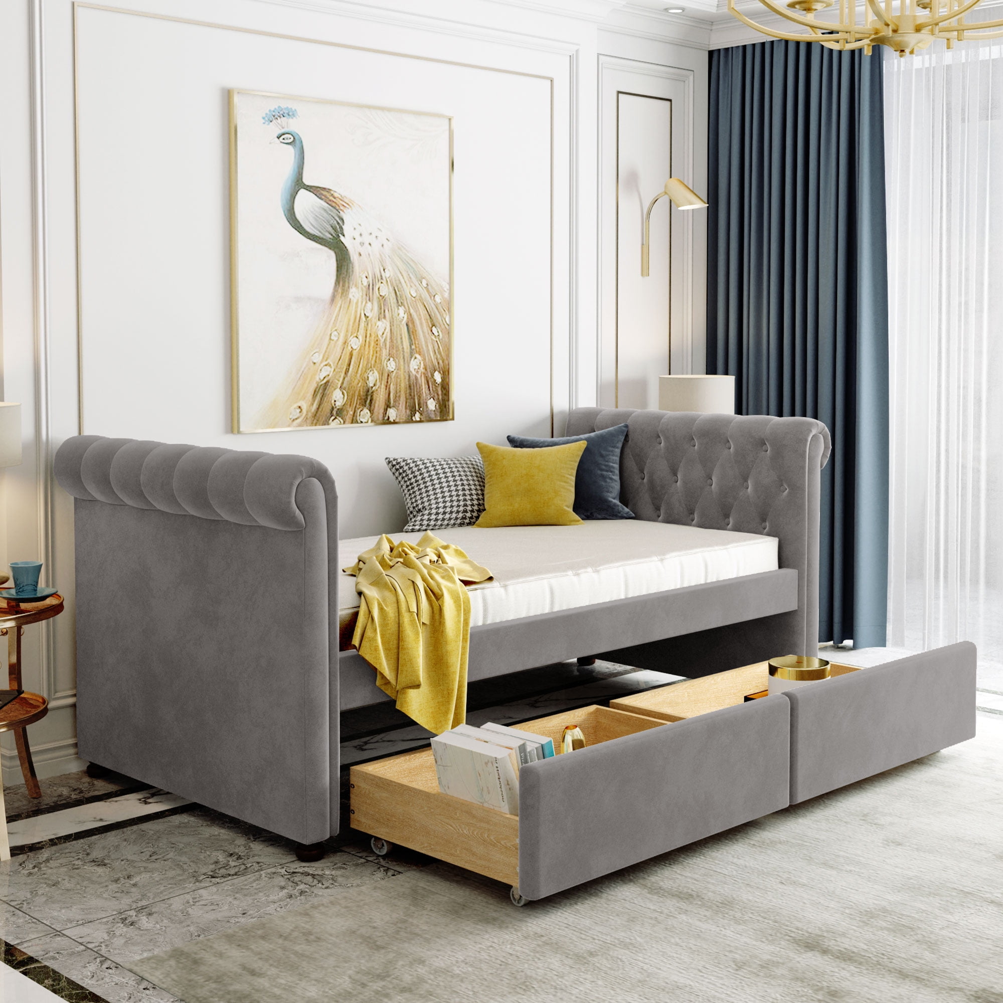 Twin Size DayBed with Drawers, Upholstered Button-Tufted Daybed Frame ...