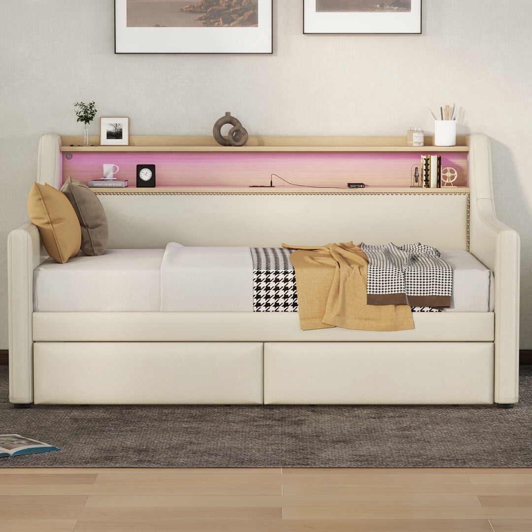 Twin Size Daybed with LED Lights and Charging Station,Upholstered ...