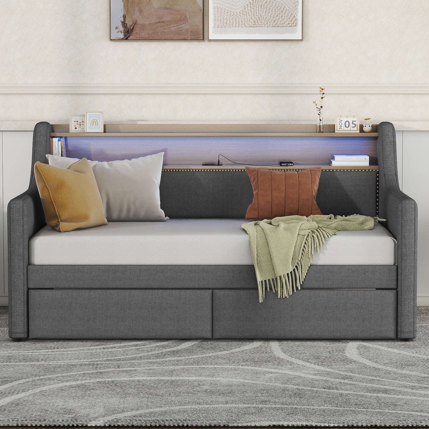 Twin Size Daybed with LED Lights and Charging Station,Upholstered ...