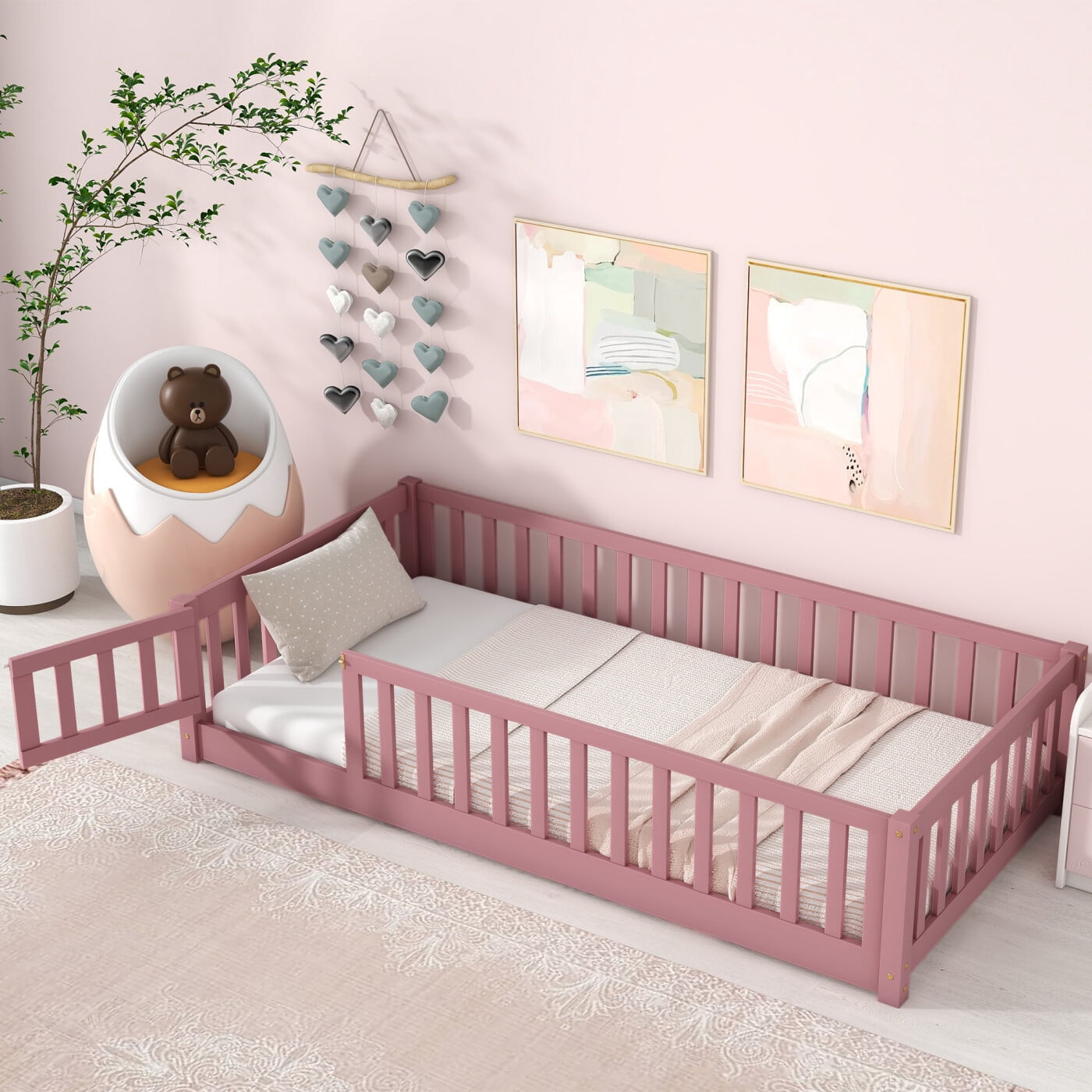 Twin Size Daybed with Safety Guardrails in Pine, Sturdy Wood Montessori ...
