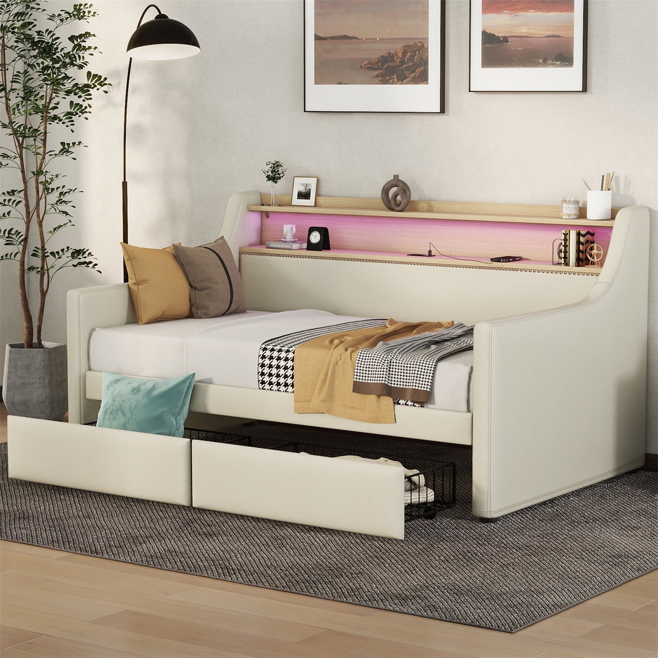 Twin Size Daybed with Storage Drawers, Upholstered Daybed with Charging ...