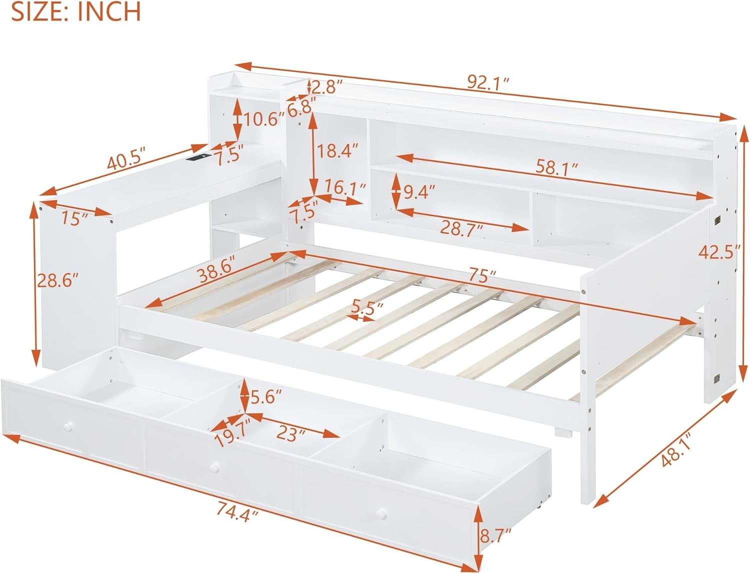 Twin Size Daybed with Storage for Kids, Day Bed Frame with Bookcase ...