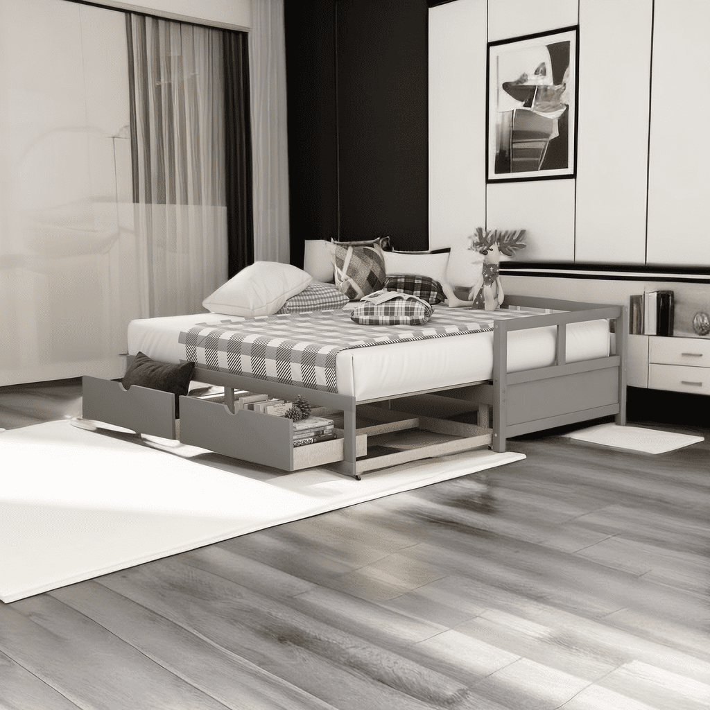 Twin Size Daybed with Trundle Bed & 2 Storage Drawers, Wooden ...