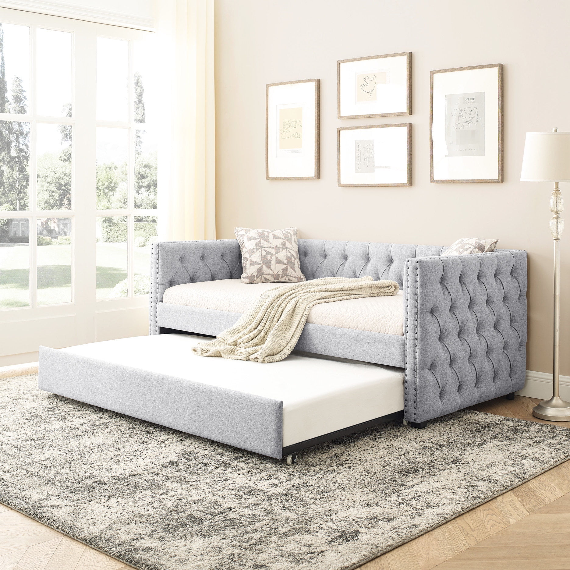 Twin Size Daybed with Trundle+Soft Linen Upholstery”-“Home Use/Guest ...