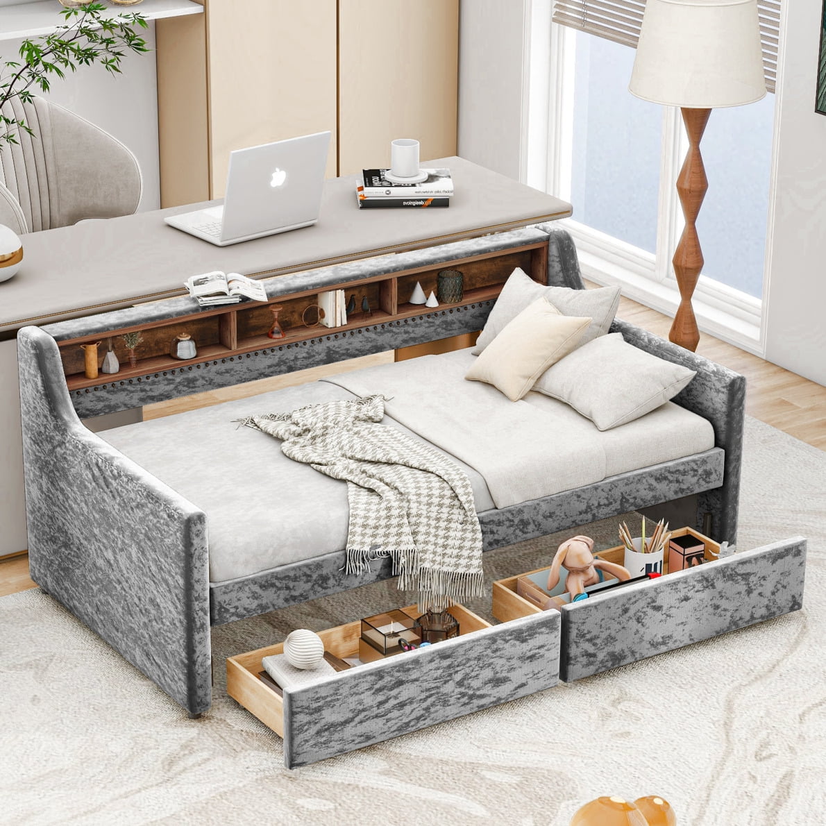 Twin Size Daybed with Trundle and Built-in Storage Shelves Solid Wood Sofa Bed Frame Platform ...