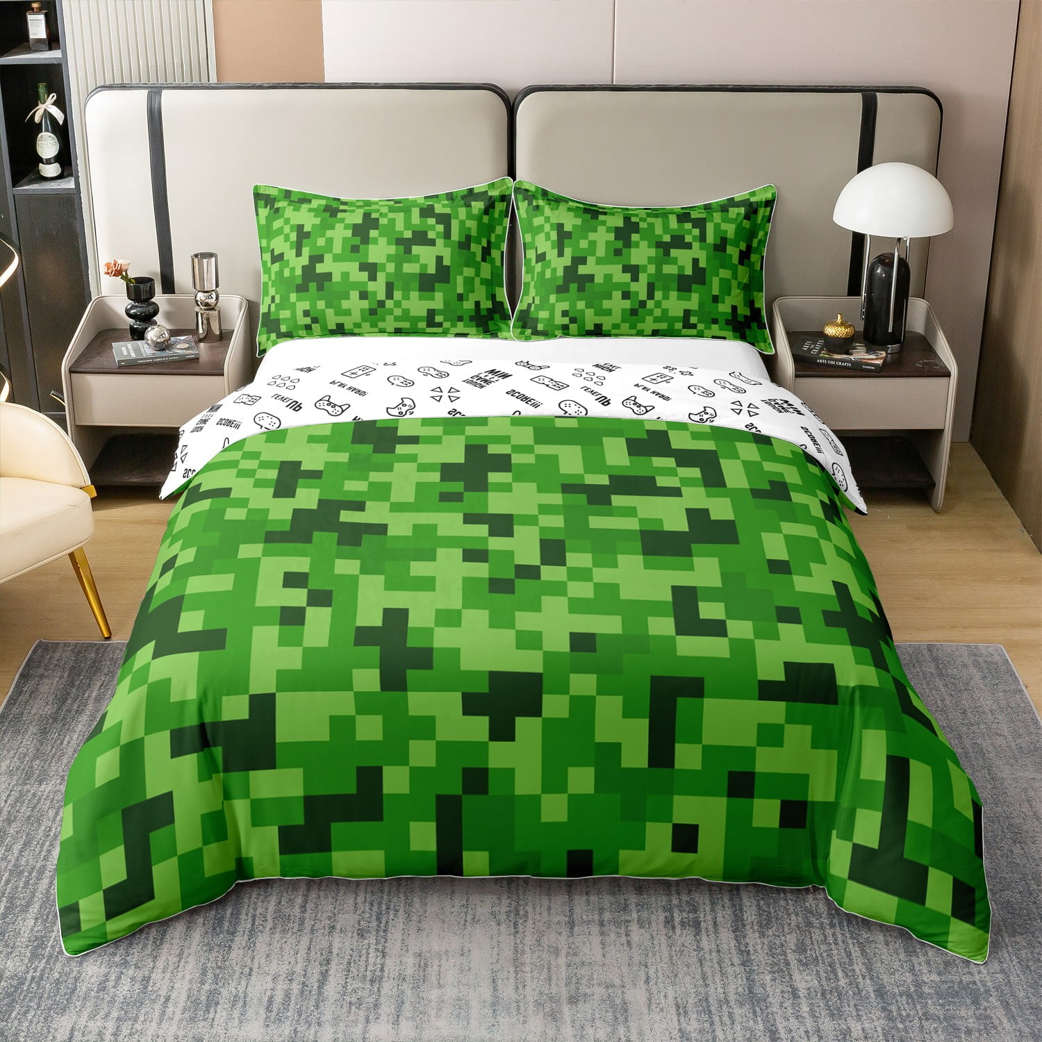Twin Size Duvet Cover Green Pixelated Miners Gamer 100% Pure Cotton ...