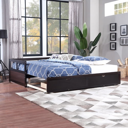 Twin Size Extendable Daybed,Wood Bed Frame with Trundle and 2 Storage ...