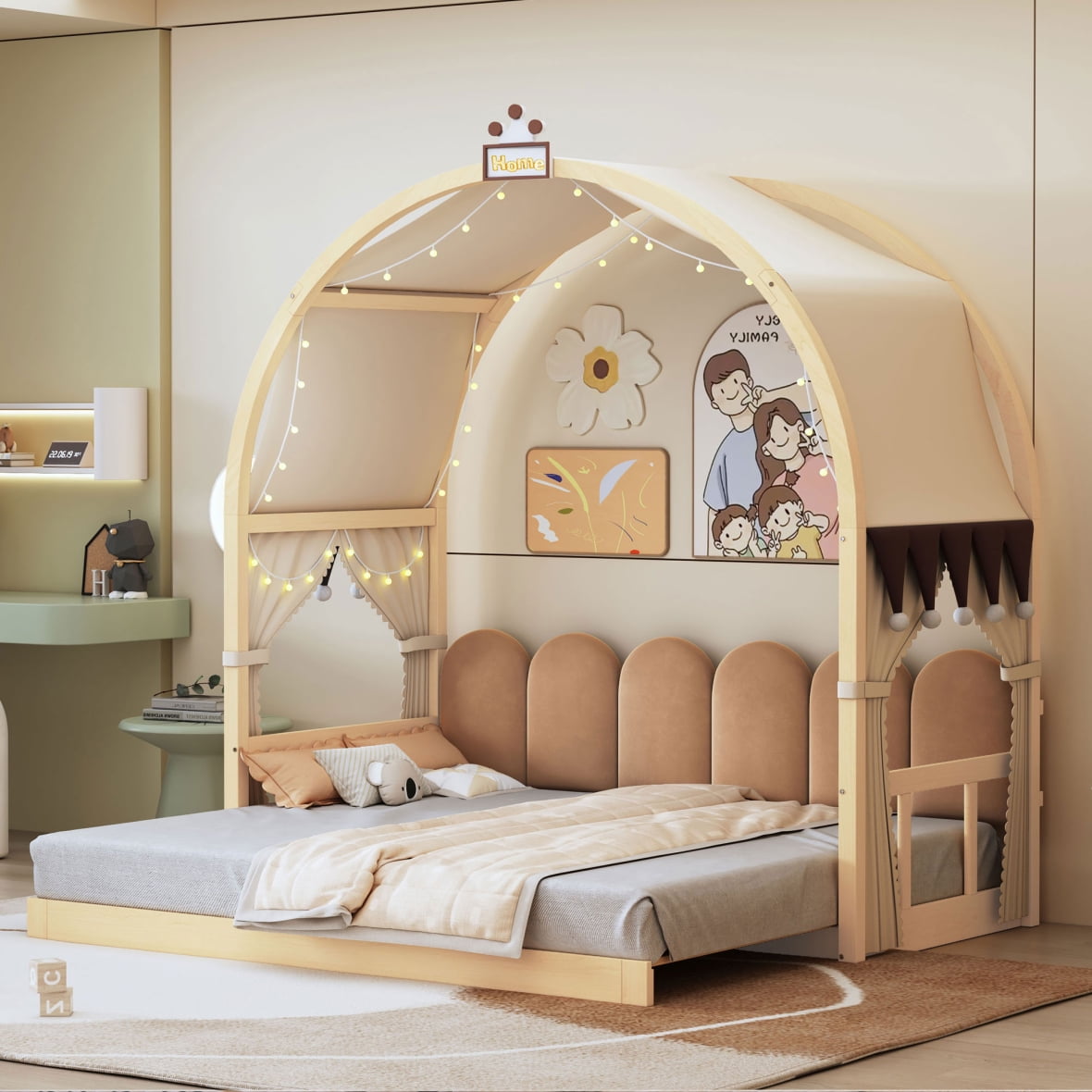 Twin Size Extended Kids Bed Frame with Arched Roof Design, Space-Saving ...