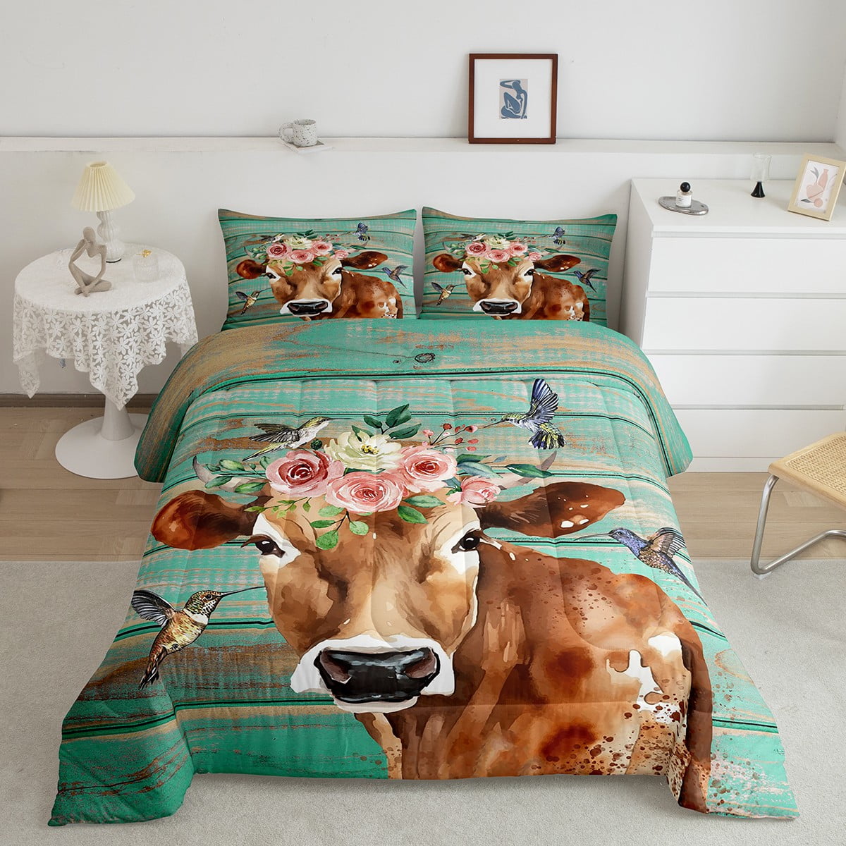 Twin Size Farmhouse Cow Print Comforter Set Floral Bull Wild Animal ...