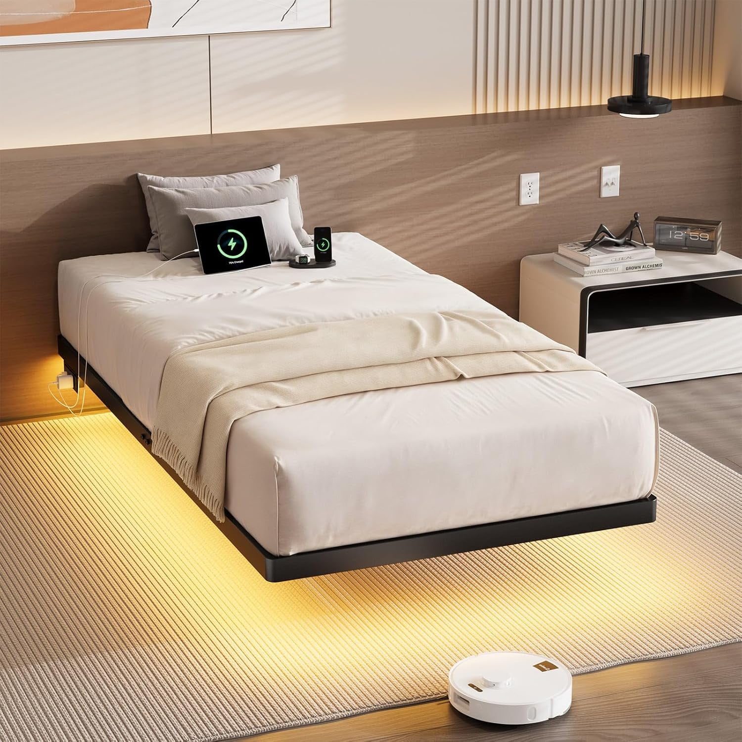 Twin Size Floating Bed Frame with USB Charging Station and Smart LED ...