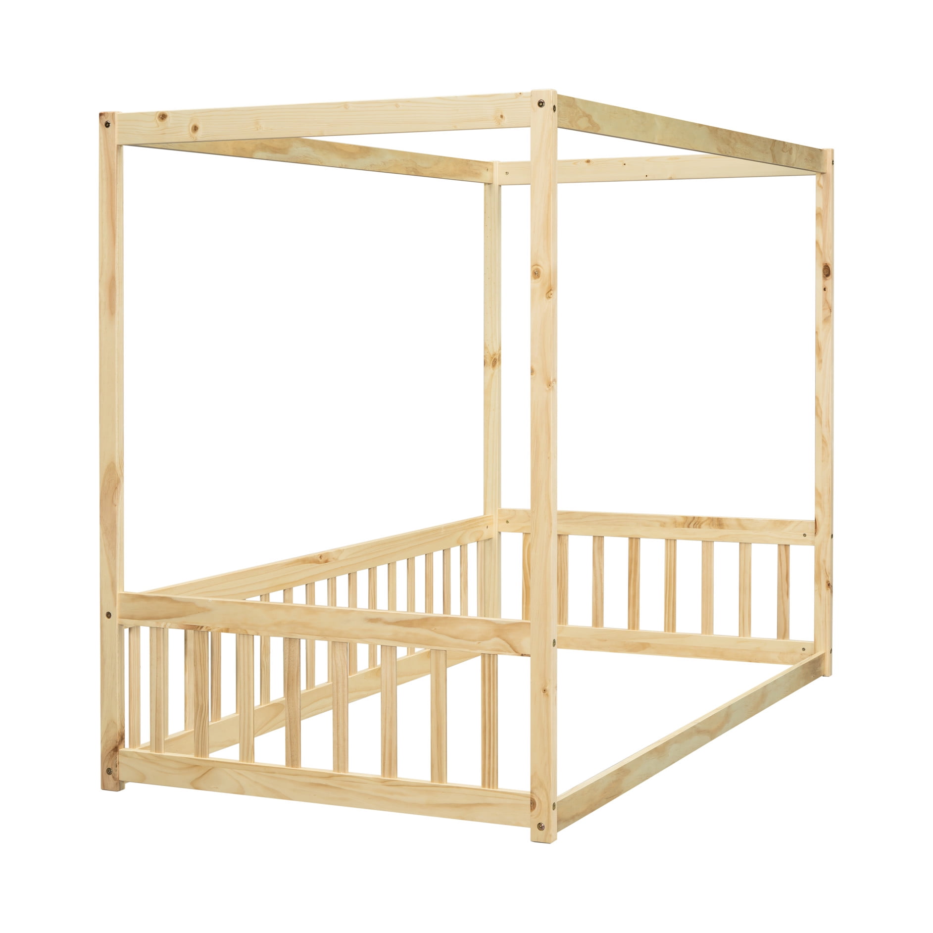 Twin Size Floor Bed With Canopy And Guardrails - Natural Pine Material ...