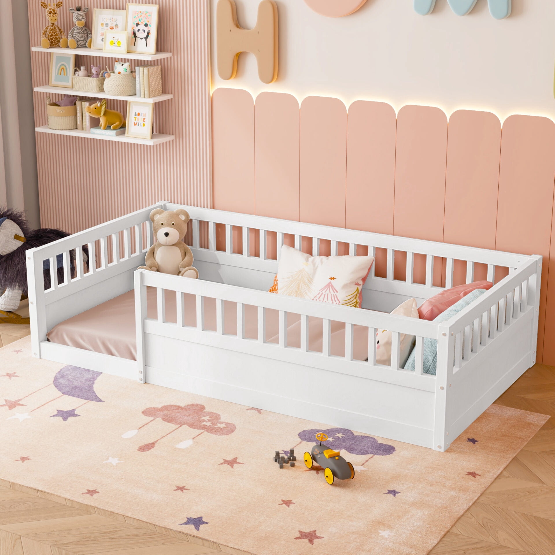 Twin Size Floor Bed with Fence, Solid Wood Floor Beds Frame without ...