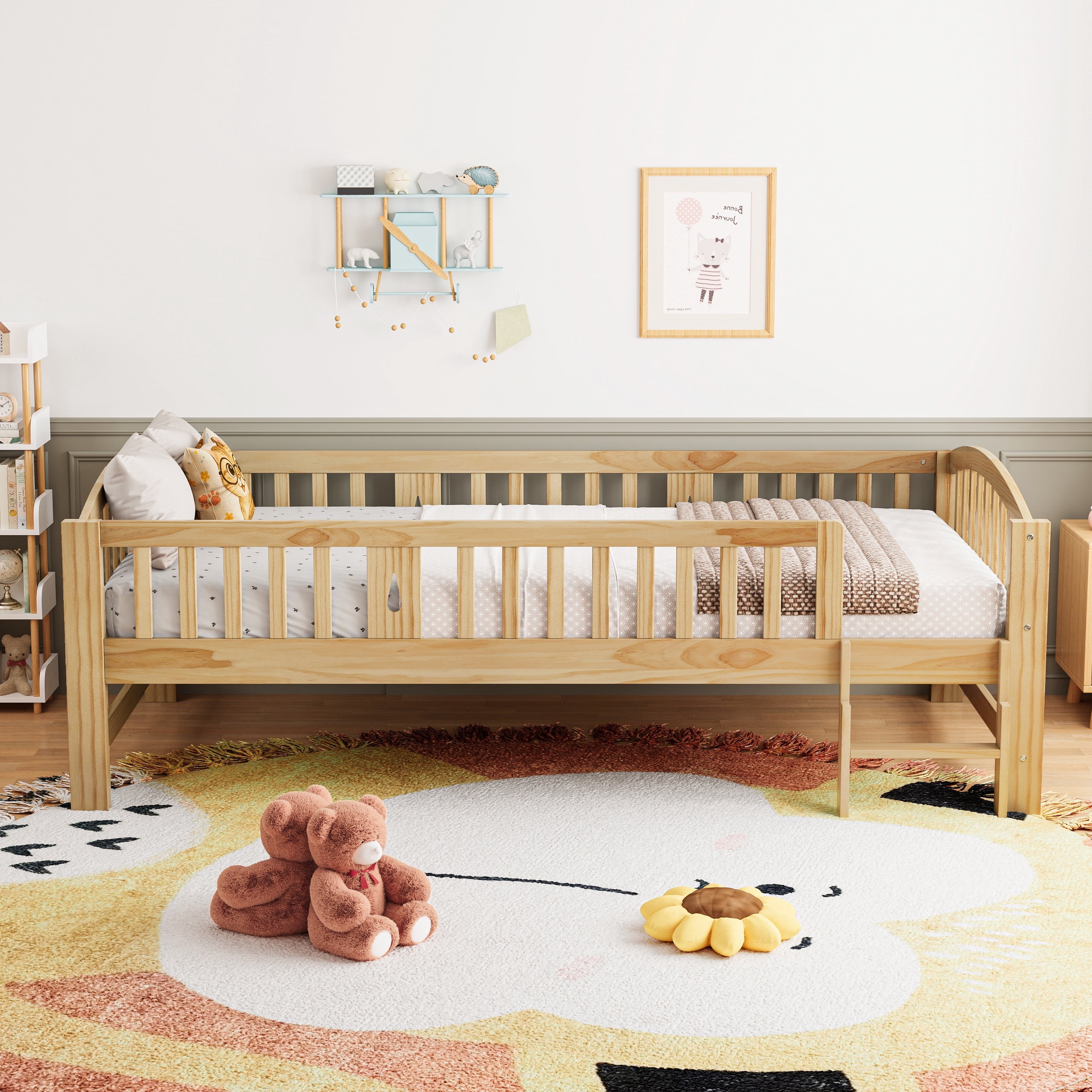 Sesslife Twin Platform Bed Frame, Solid Wood Montessori Bed with Safety ...