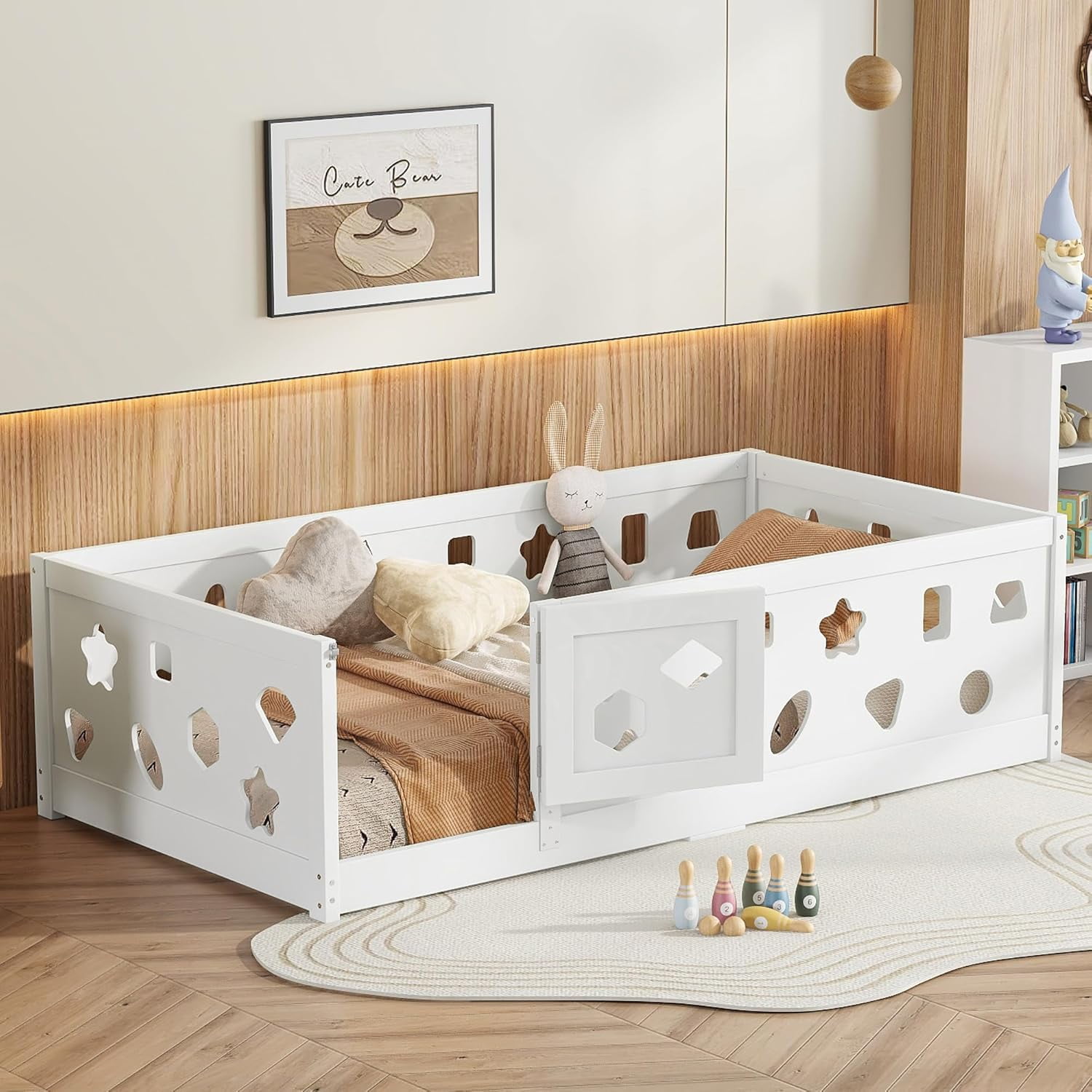 Twin Size Floor Bed with Guardrails and Door, Solid Wood Bedframe with ...