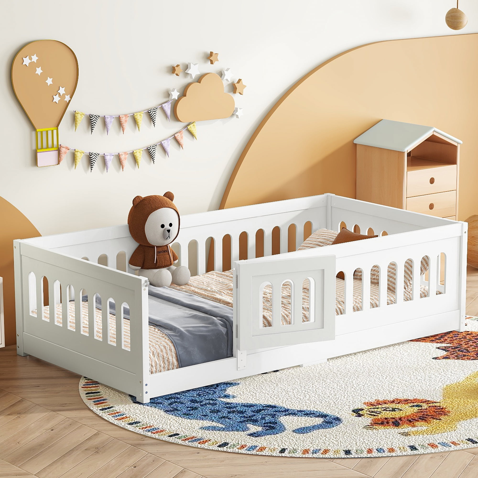 Twin Size Floor Bed With Heightened Safety Guardrails And Door, Solid ...