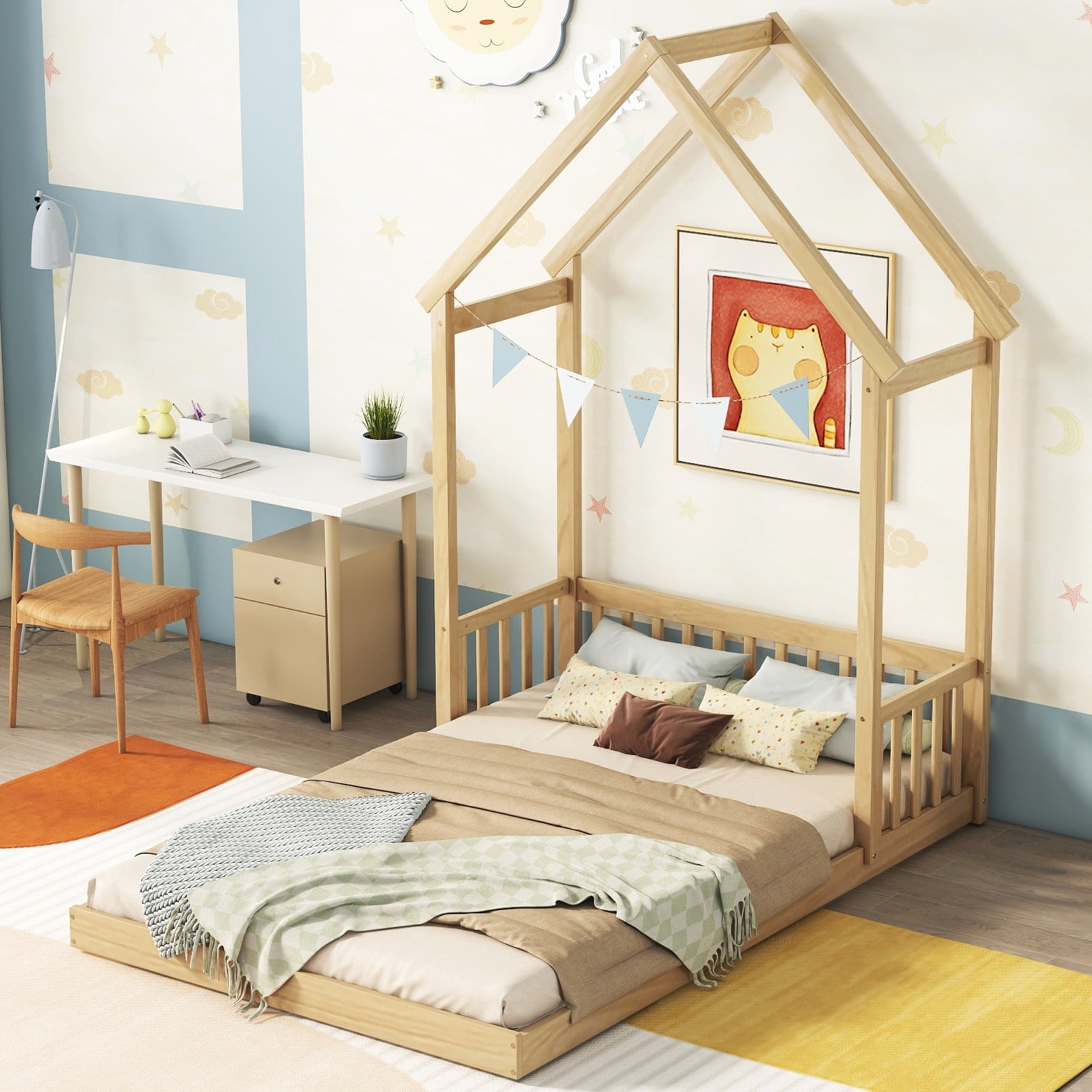Twin Size Floor Bed With House Shaped Headboard For Kids Wooden