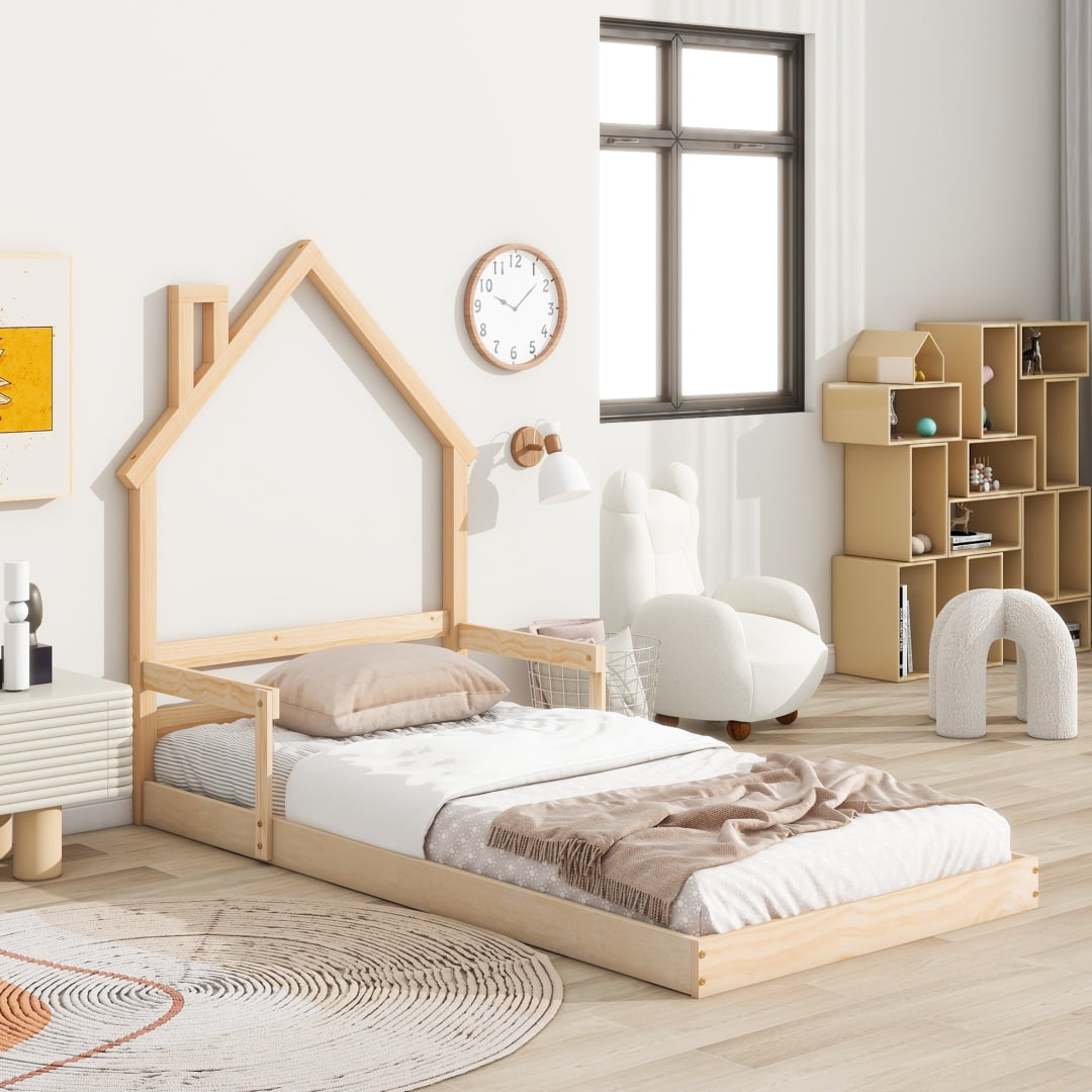 Twin Size Floor Bed With House Shaped Headboard Solid Wood Montessori