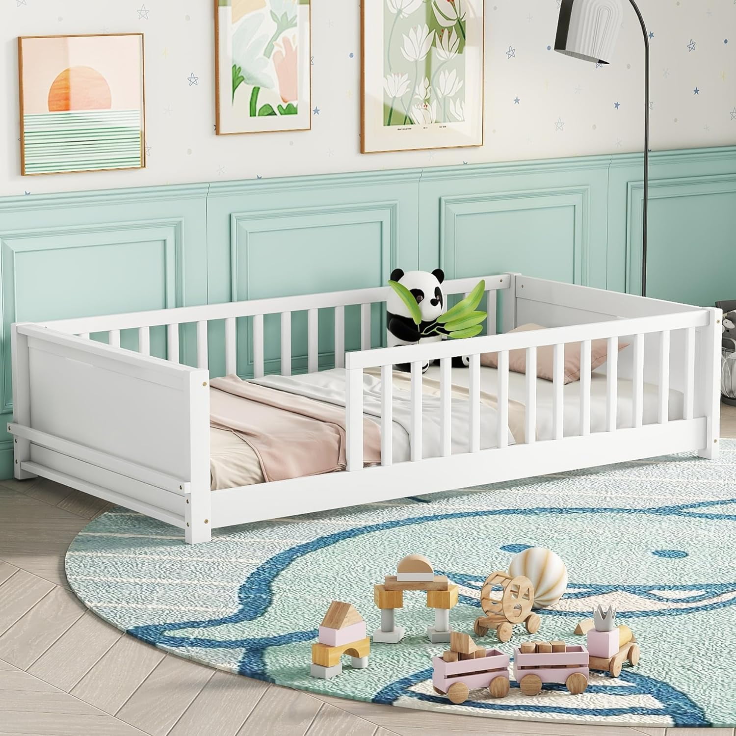 Twin Size Floor Bed for Kids Montessori Bed Frame with Fence Railings ...