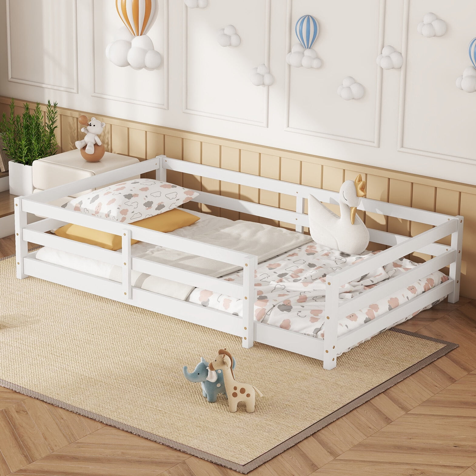 Twin Size Floor Bed, Kids Montessori Floor Bed Frame with Fence, Wood ...