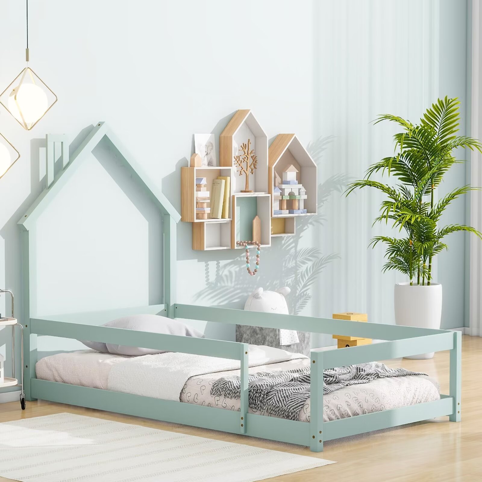 Modern Montessori Floor Bed Frame For Kids Toddlers Solid Wood Twin