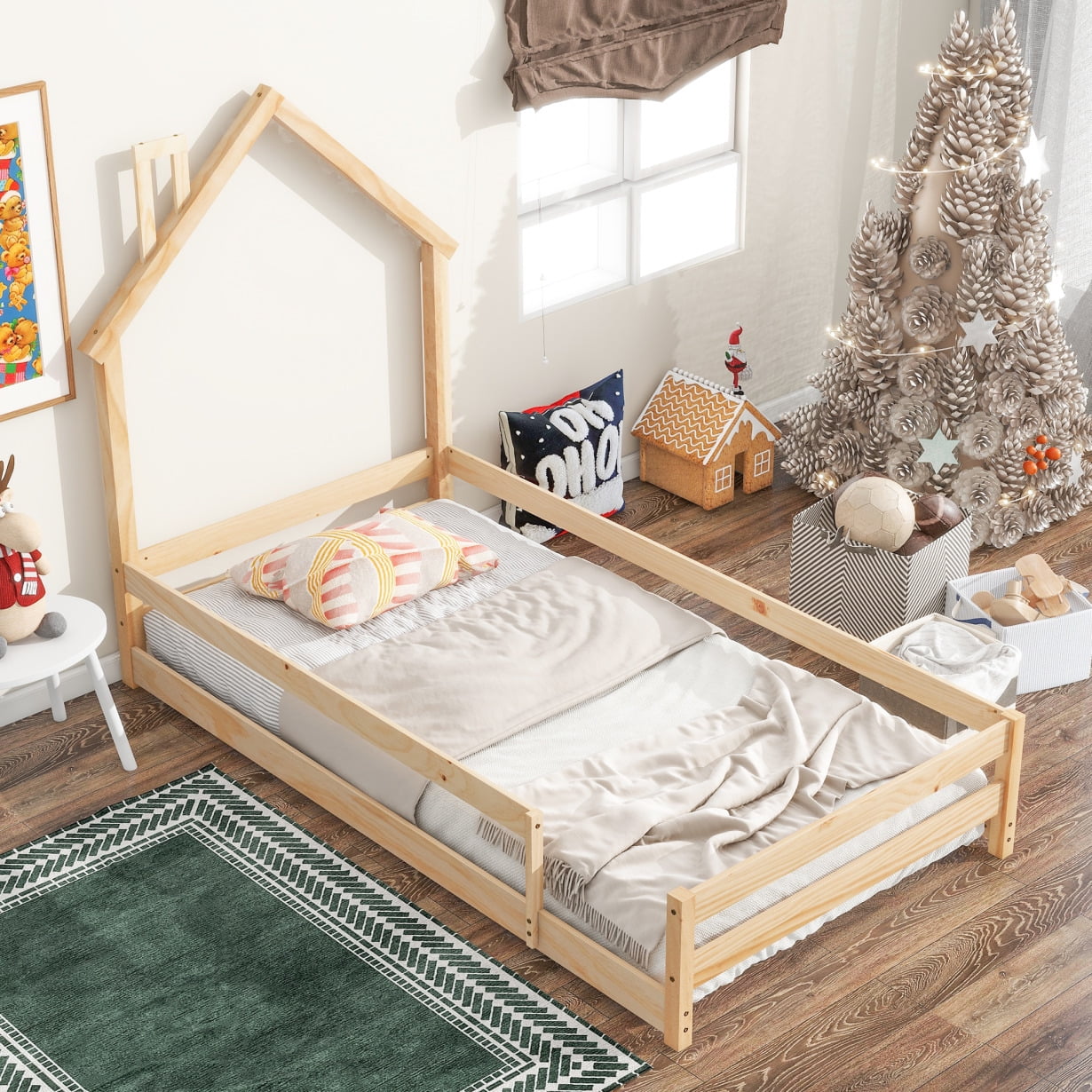 Twin Size Floor Bed Modern Wooden Platform Bed Frame With House Shaped