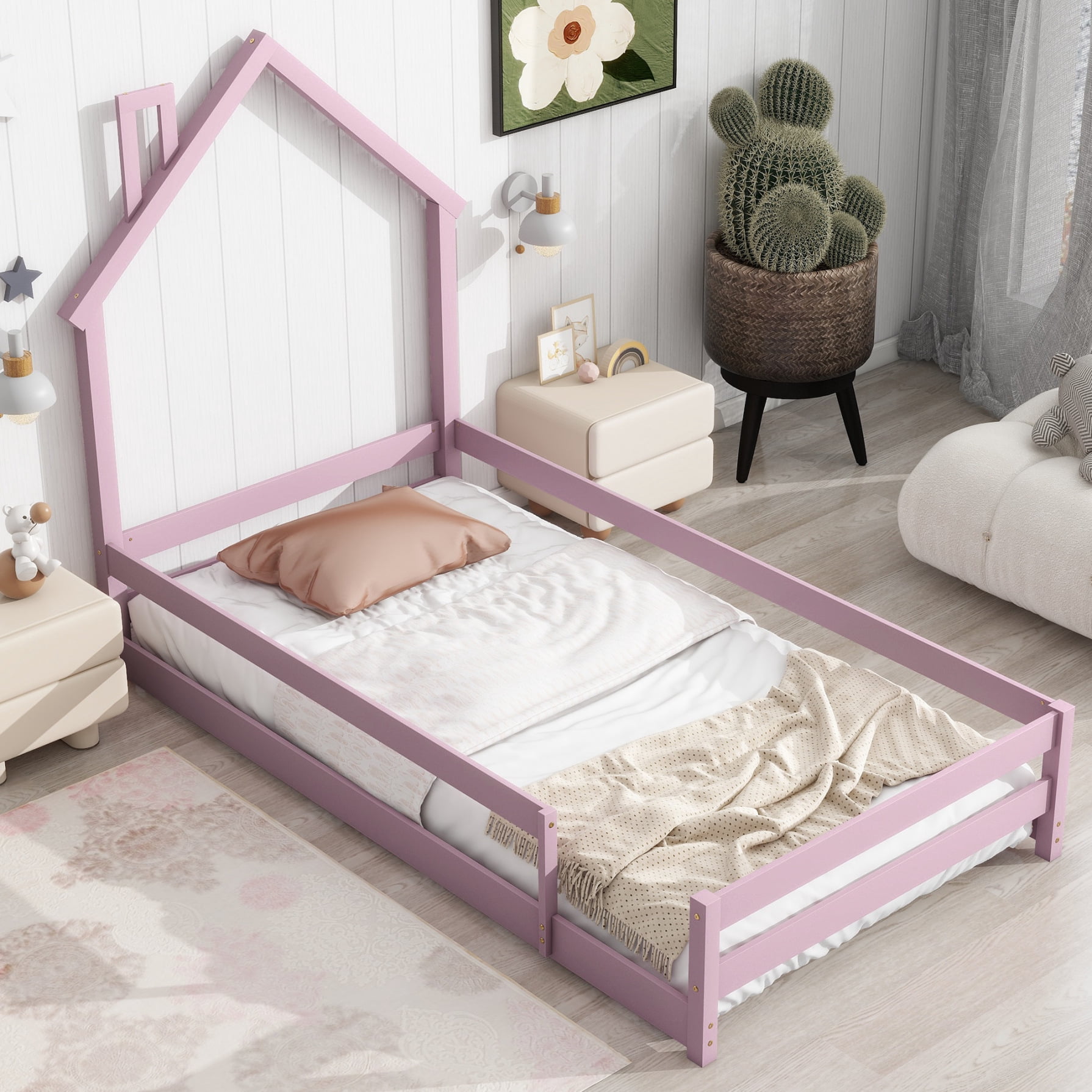 Twin Size Floor Bed Modern Wooden Platform Bed Frame With House Shaped