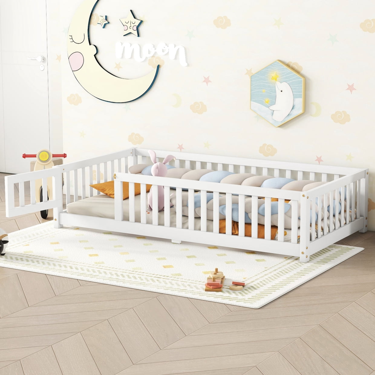 Twin Size Floor Bed for Kids, Minimalism Wooden Bed Frame with Safety ...