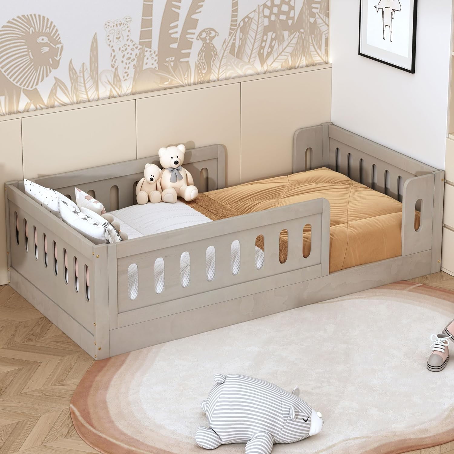 Twin Size Floor Bed for Kids, Twin Floor Bed with High Fence, Wooden ...