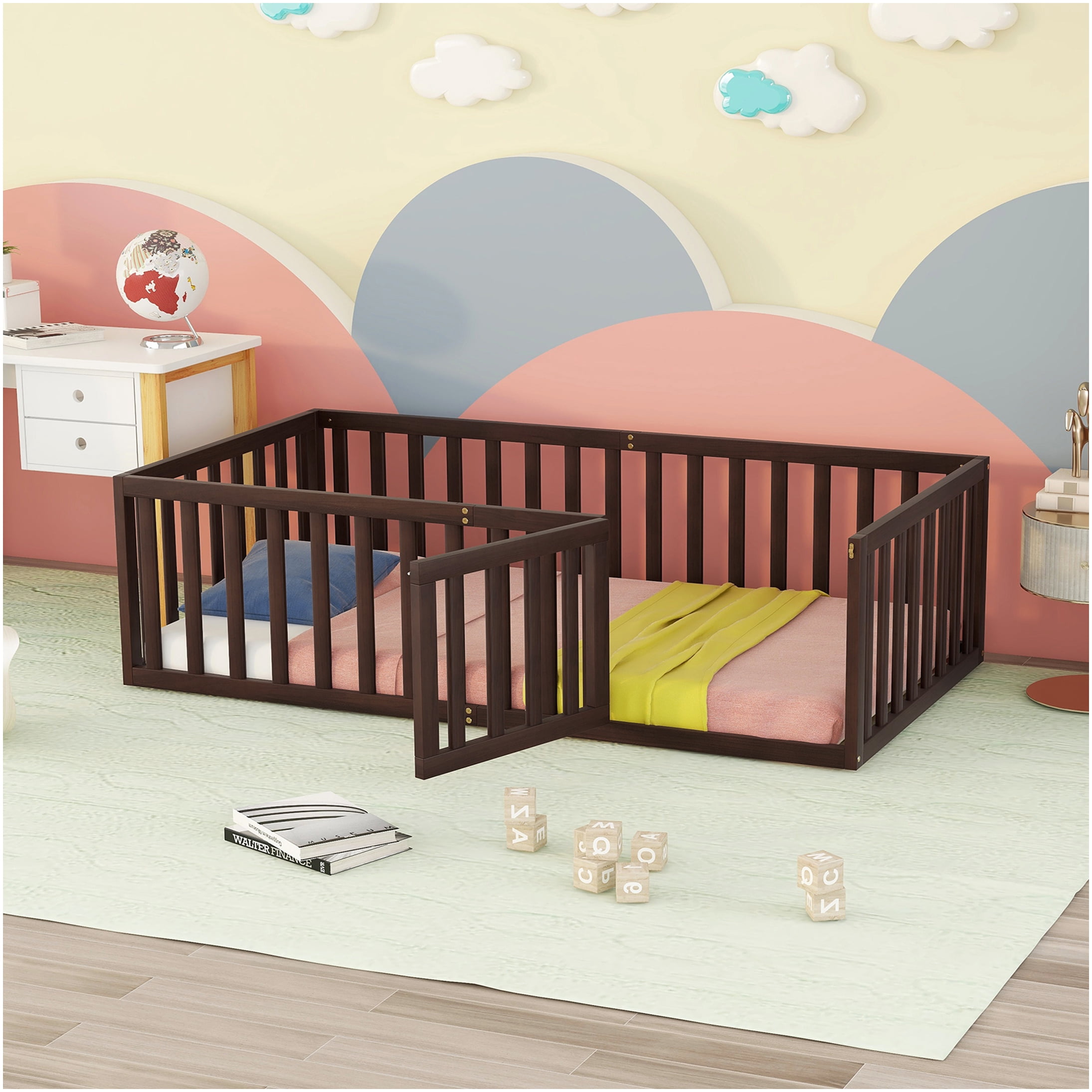 Twin Size Floor Bed with Gate, Low Profile Platform Bed Frame, Picket ...