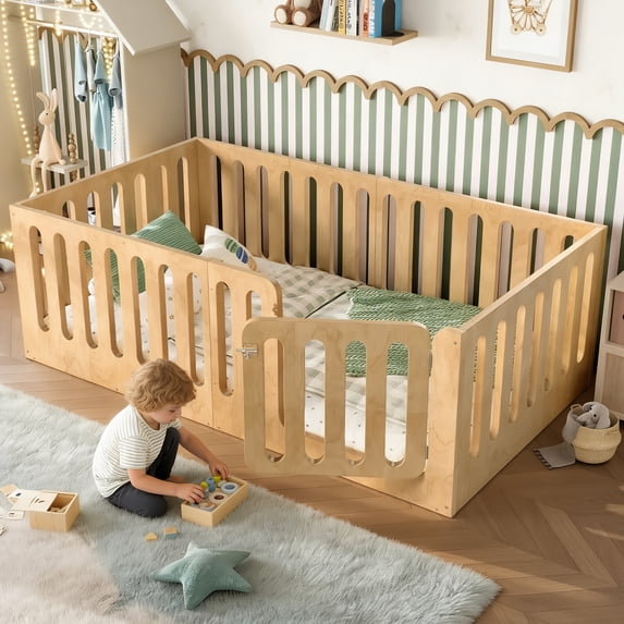 Twin Size Floor Bed with High Fence, Solid Wood Montessori Bed with ...
